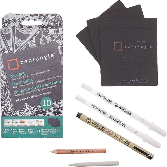 Sakura Zentangle Tool Set - 2 Gelly Roll White Pens, 1 Micron 08 Black ...