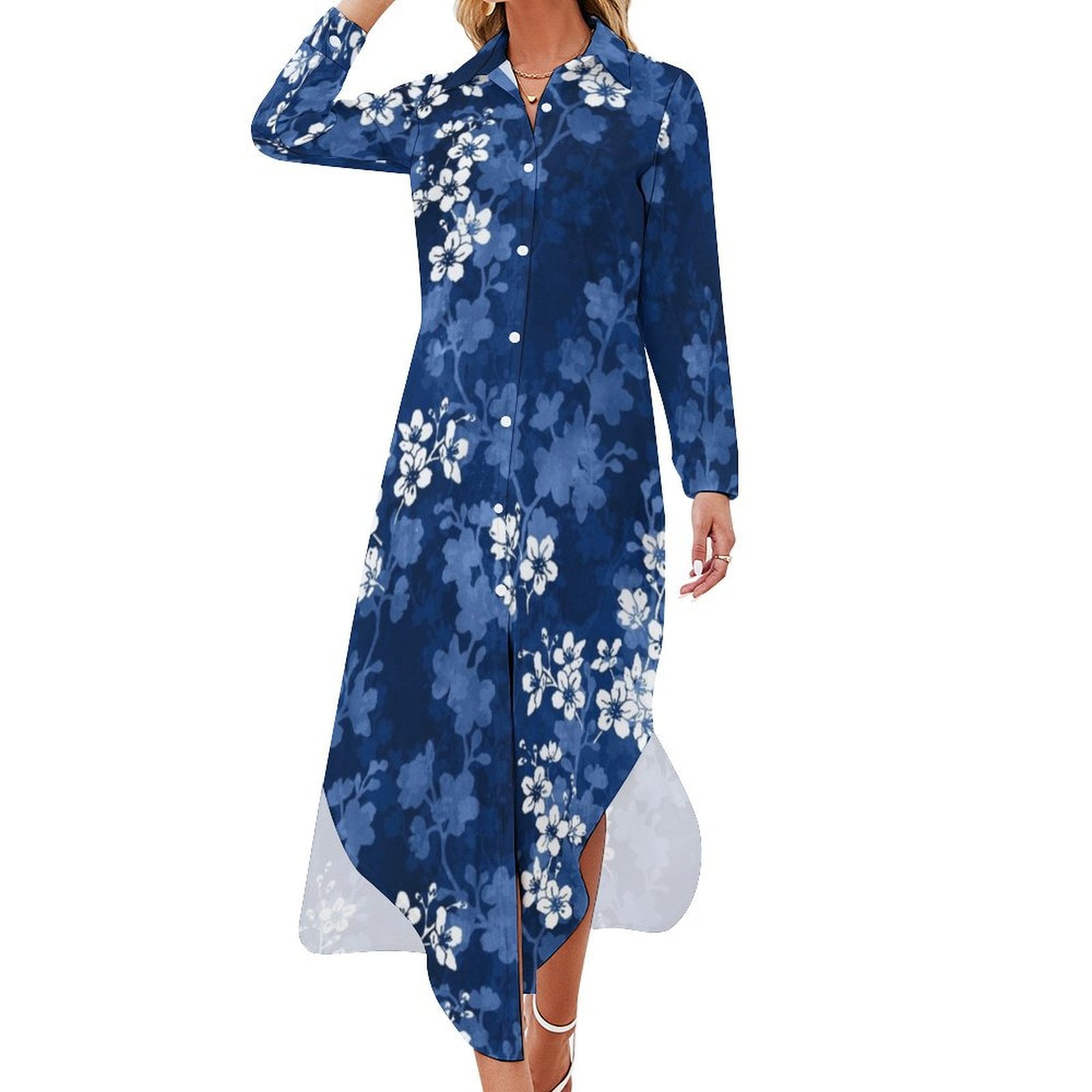 Sakura blossom in deep blue Long Sleeved Shirt Dress summer dress women ...