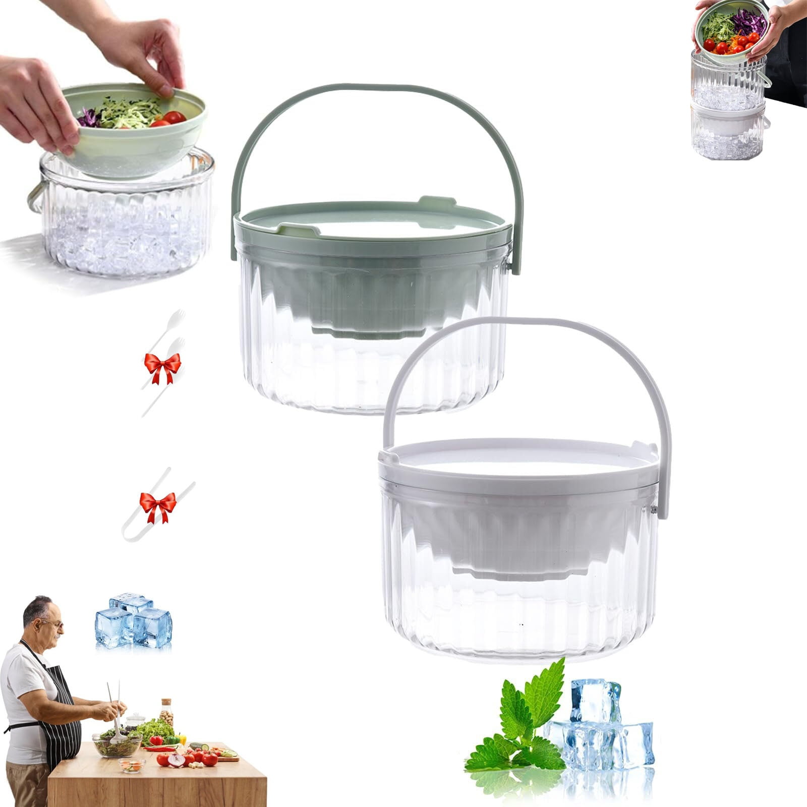Salad Bowl with Ice Chiller, Base and Lid Salad Cold Bowl, Chilled ...