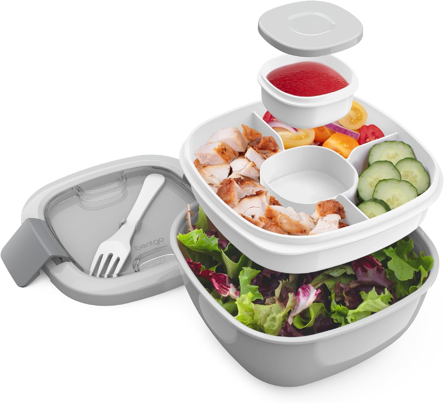 Salad Container - 54 oz Bowl with 4-Compartment Toppings Tray, Dressing ...