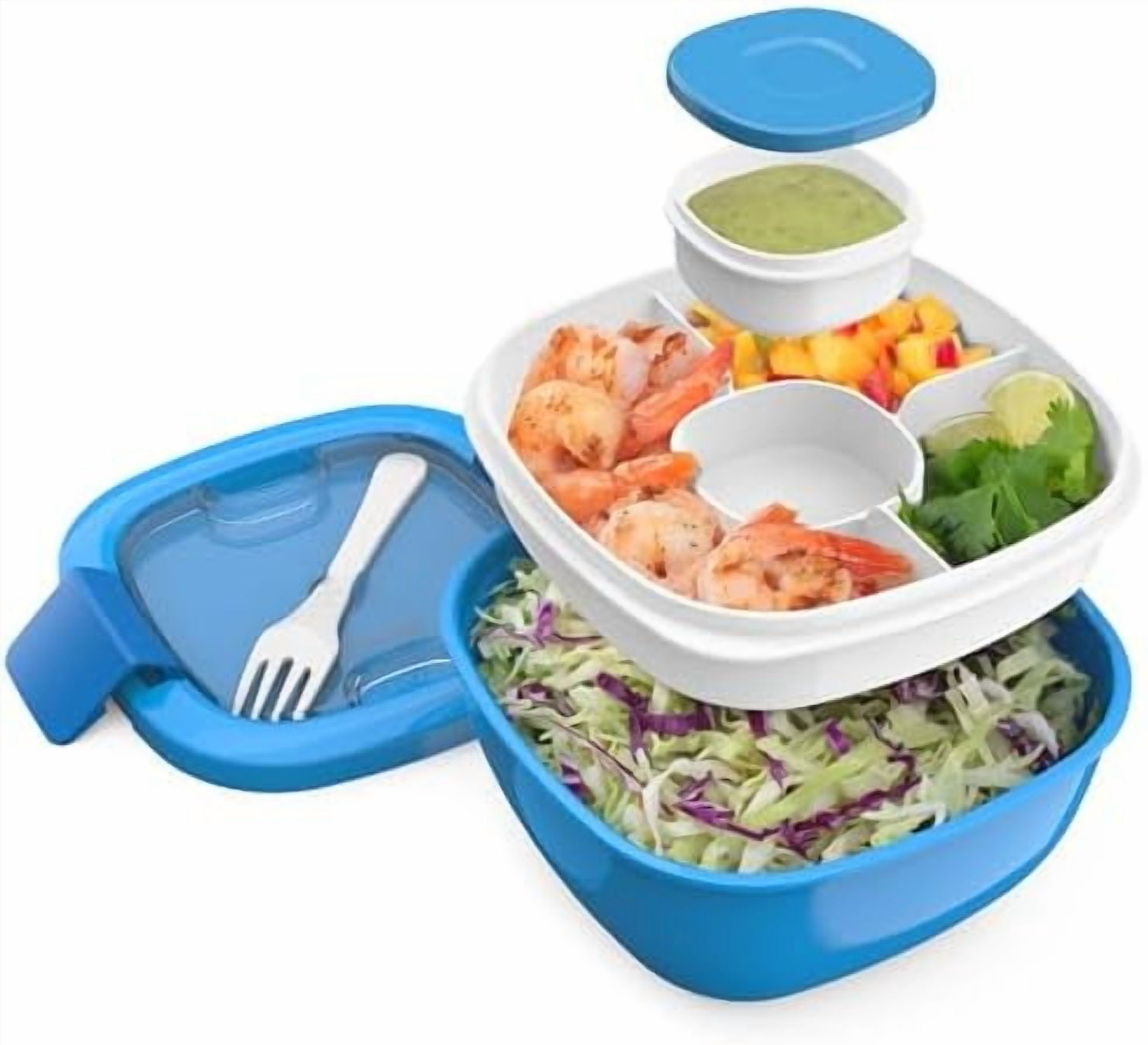 Salad Container - 54 oz Bowl with 4-Compartment Toppings Tray, Leak ...