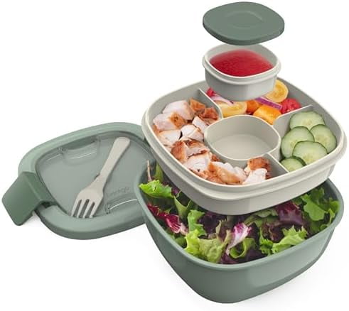 Salad Container - 54 oz Bowl with 4-Compartment Toppings Tray, Leak ...
