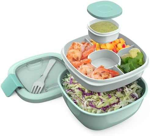 Salad Container - 54 oz Bowl with 4-Compartment Toppings Tray, Leak ...