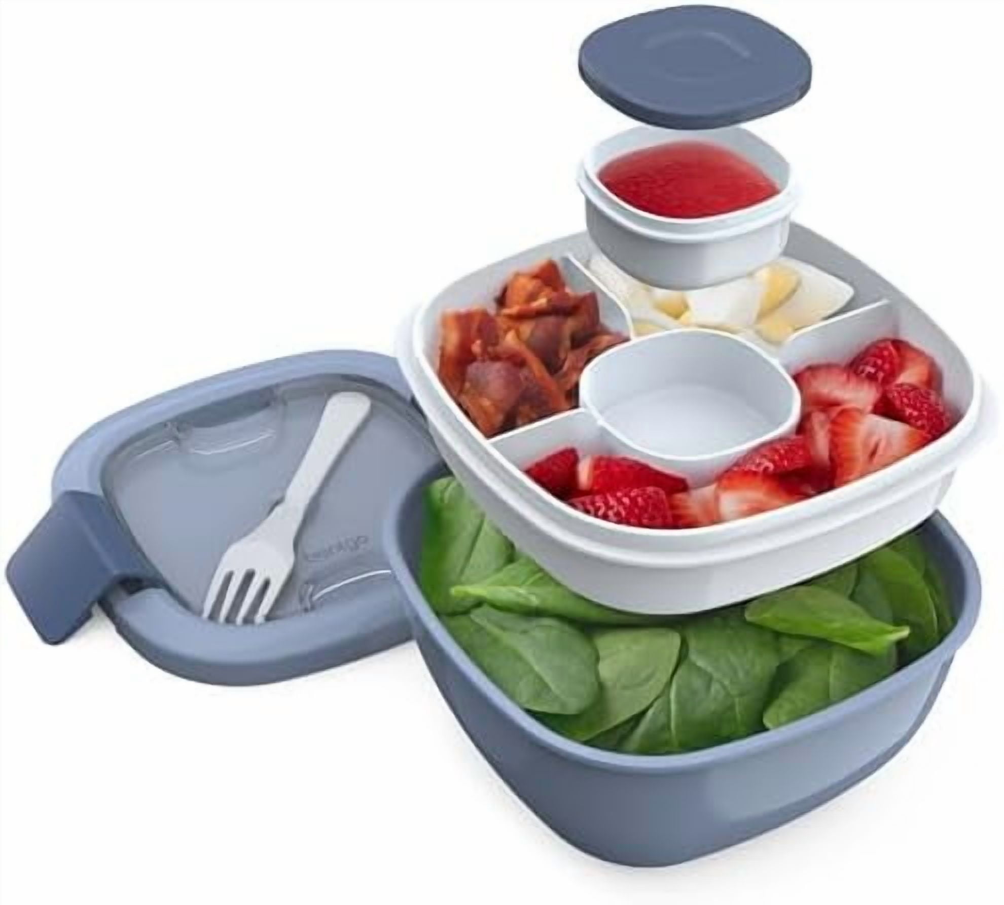 Salad Container - 54 oz Bowl with 4-Compartment Toppings Tray, Leak ...
