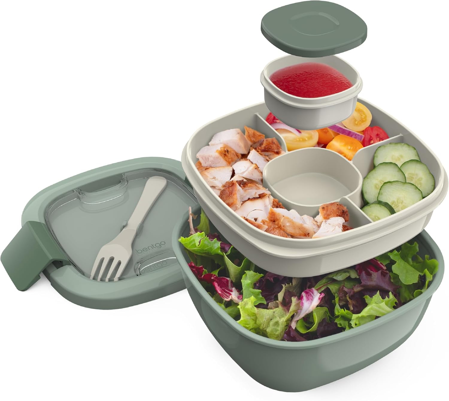 Salad Container - 54 oz Bowl with 4-Compartment Toppings Tray, Leak ...