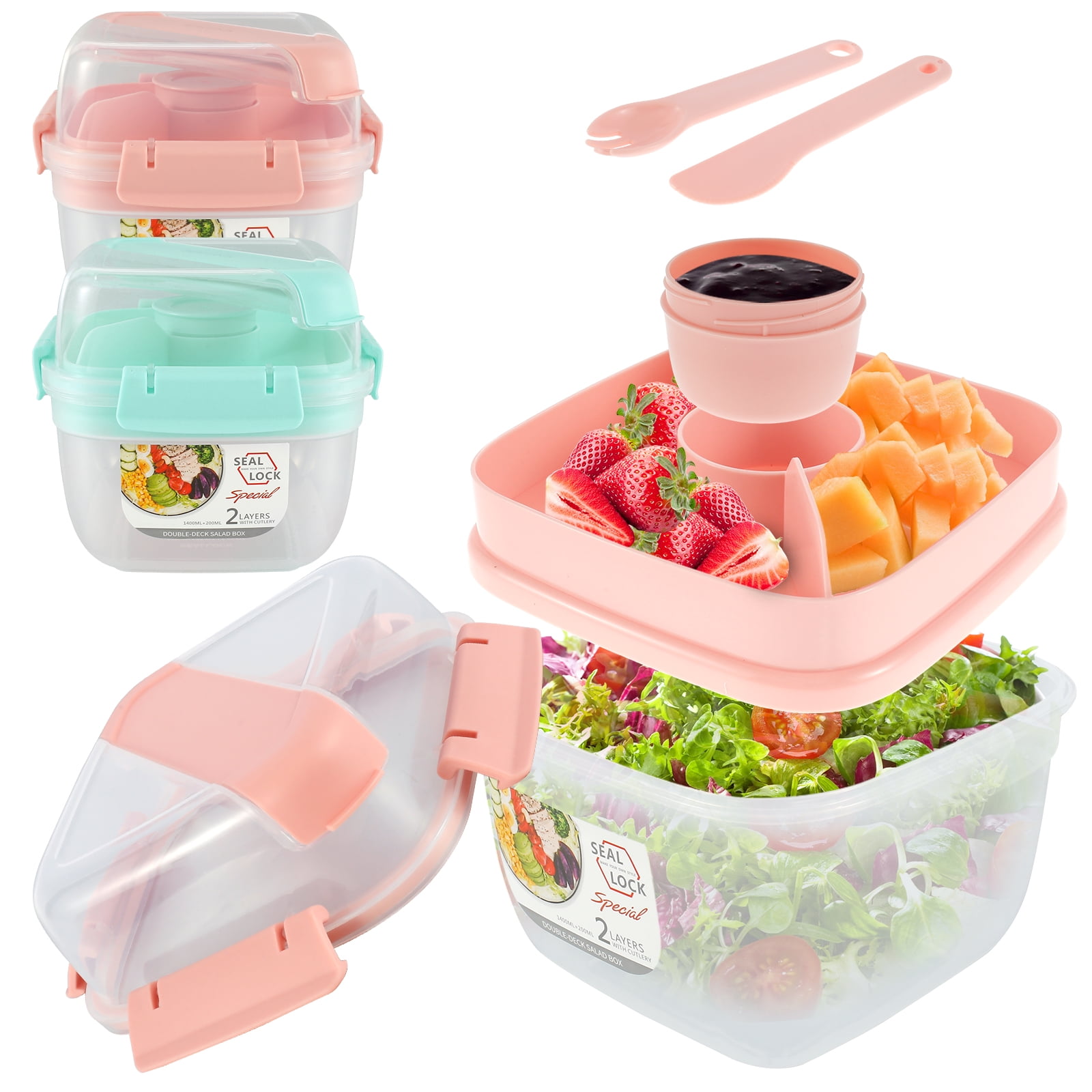 Salad Container with Utensils Leakproof Salad Bento Box with 3 ...