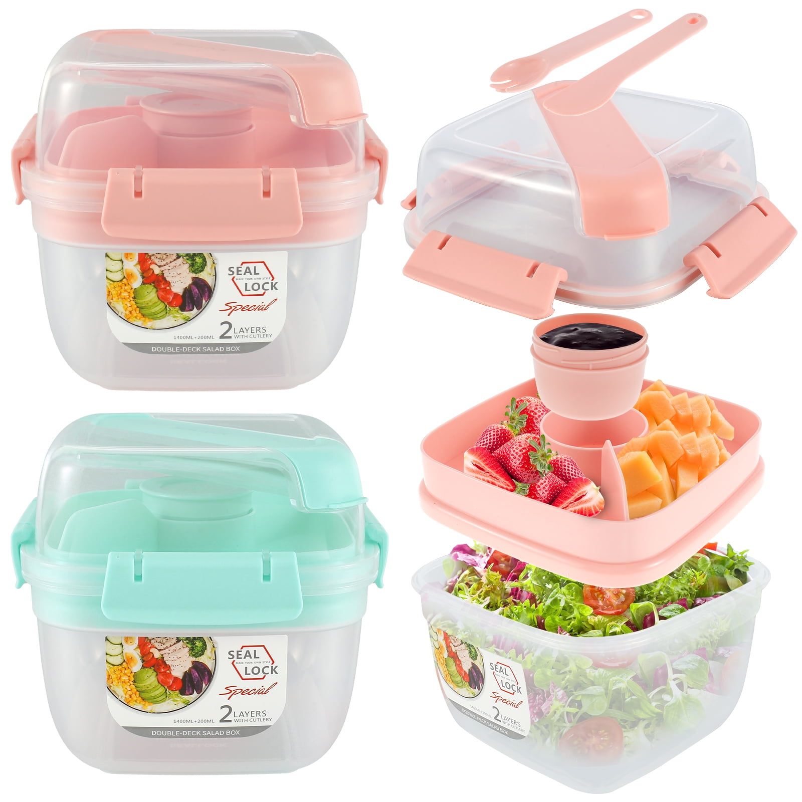 Salad Container with Utensils Leakproof Salad Bento Box with 3 ...