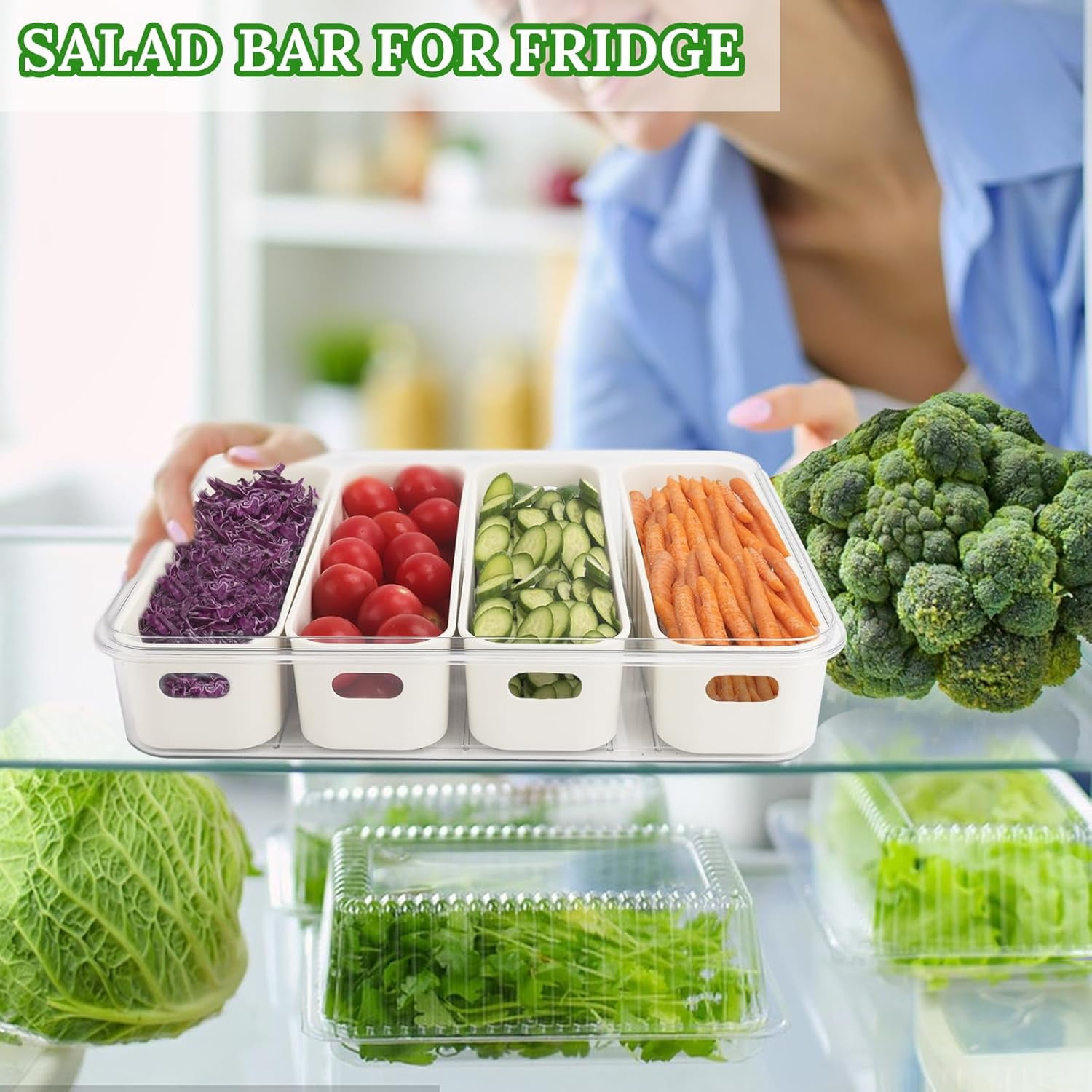 Salad Containers with Lid and Handle, Fruit Storage with 4 Removable ...