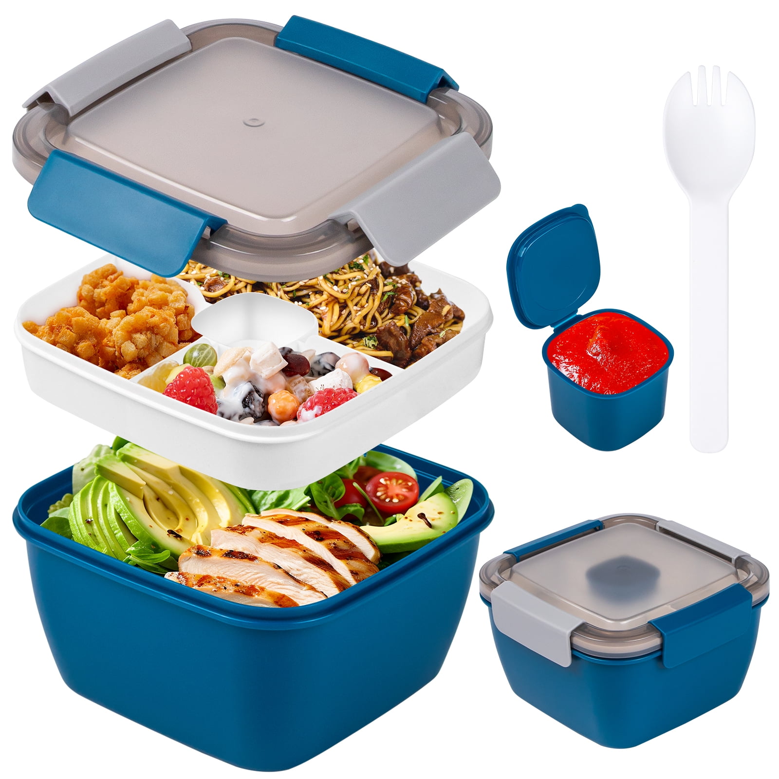 QCQHDU Salad Lunch Container, 52-oz, 3 Compartments, Built-in Spoon ...