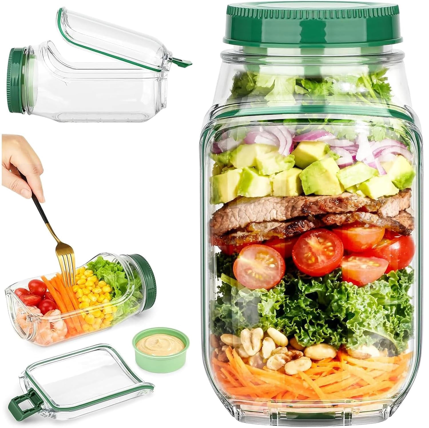 WEXLYN Green Plastic Leakproof Dressing Container Lid-to-Bowl Design ...