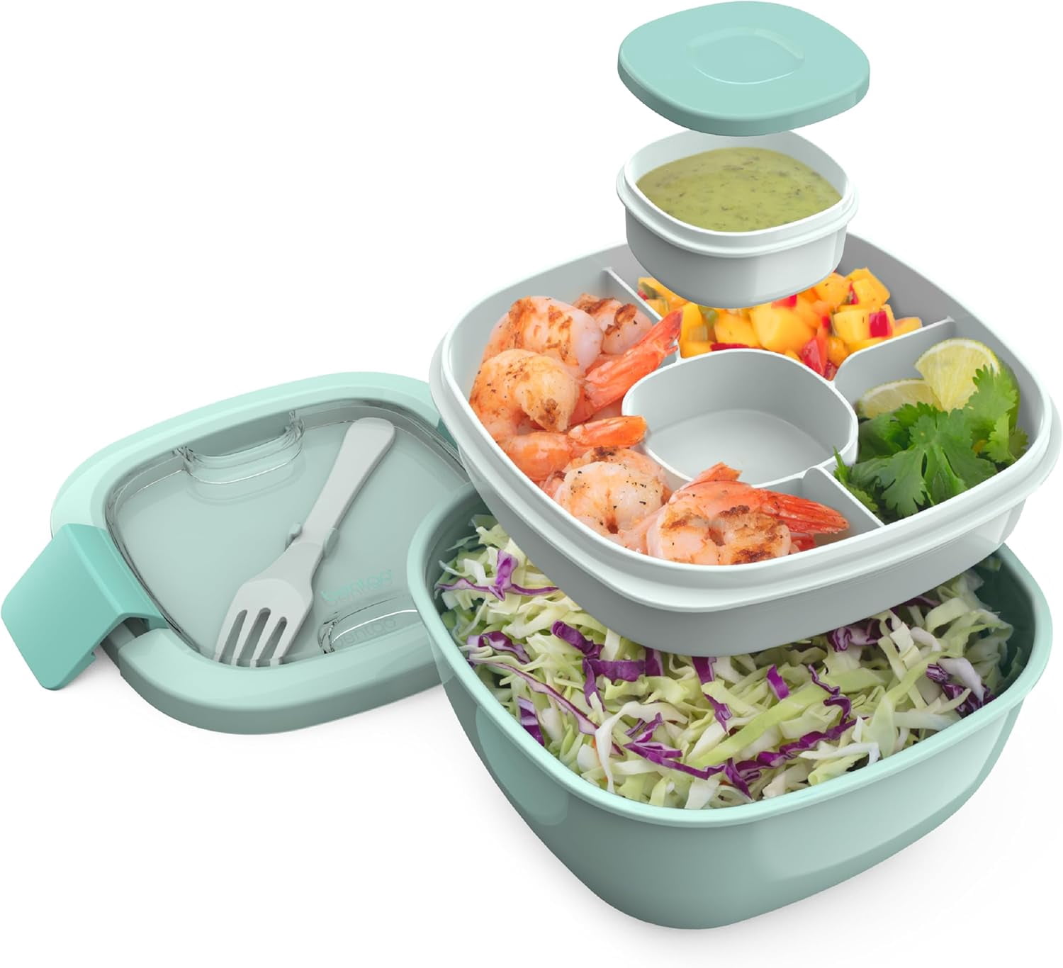 Salad container with 4 compartments of topper tray, leak proof ...