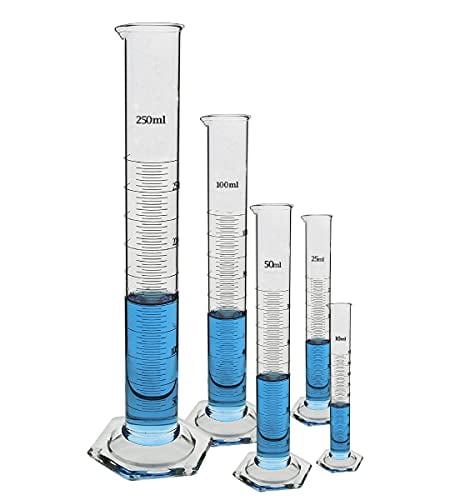 Salco Borosilicate Glass Measuring Cylinder 10 ml 25ml 50ml 100 ml 250 ml Set of 5 Heavy Duty ...