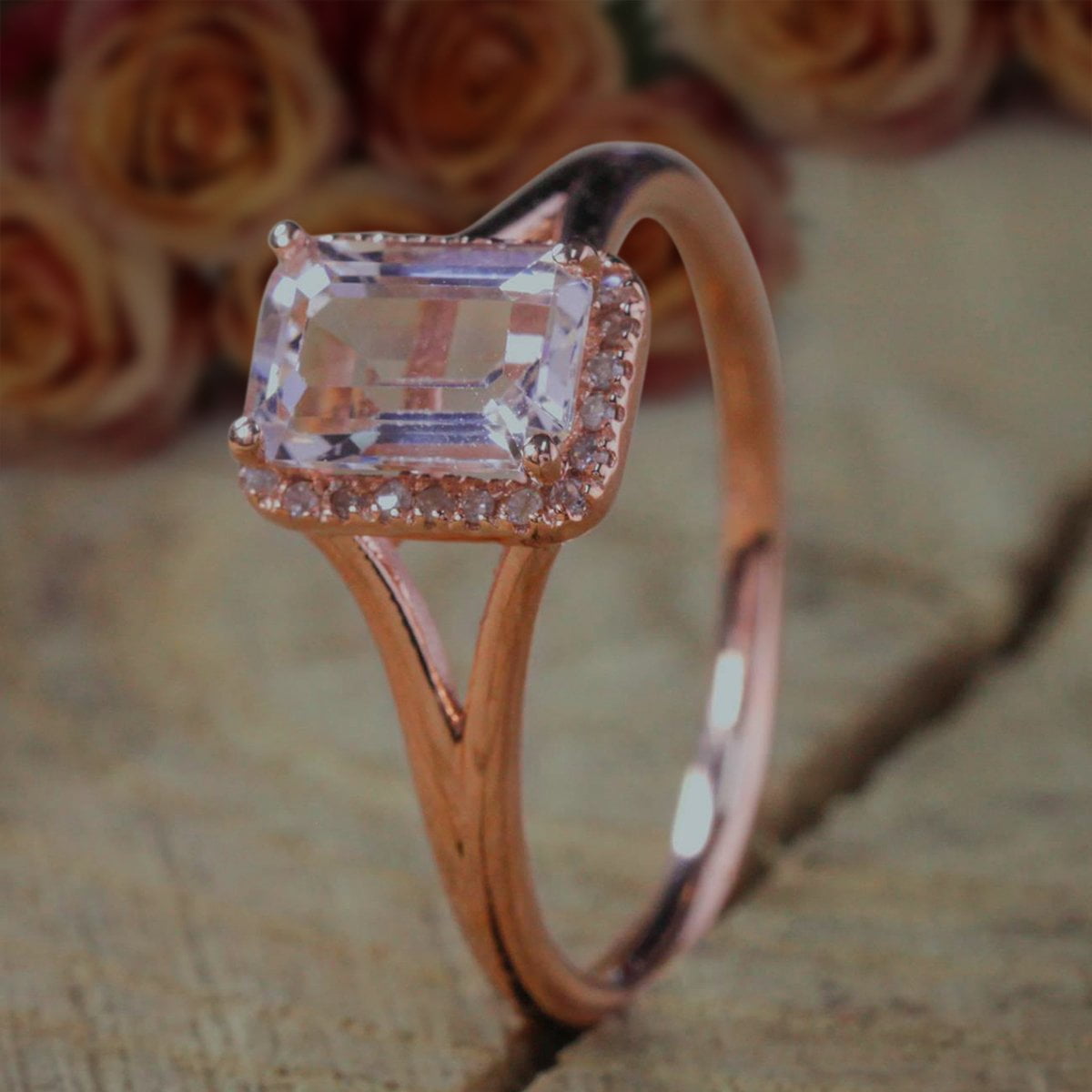 Sale: 1.25 Carat 7x5mm Emerald Cut Peach Pink Morganite and Diamond ...