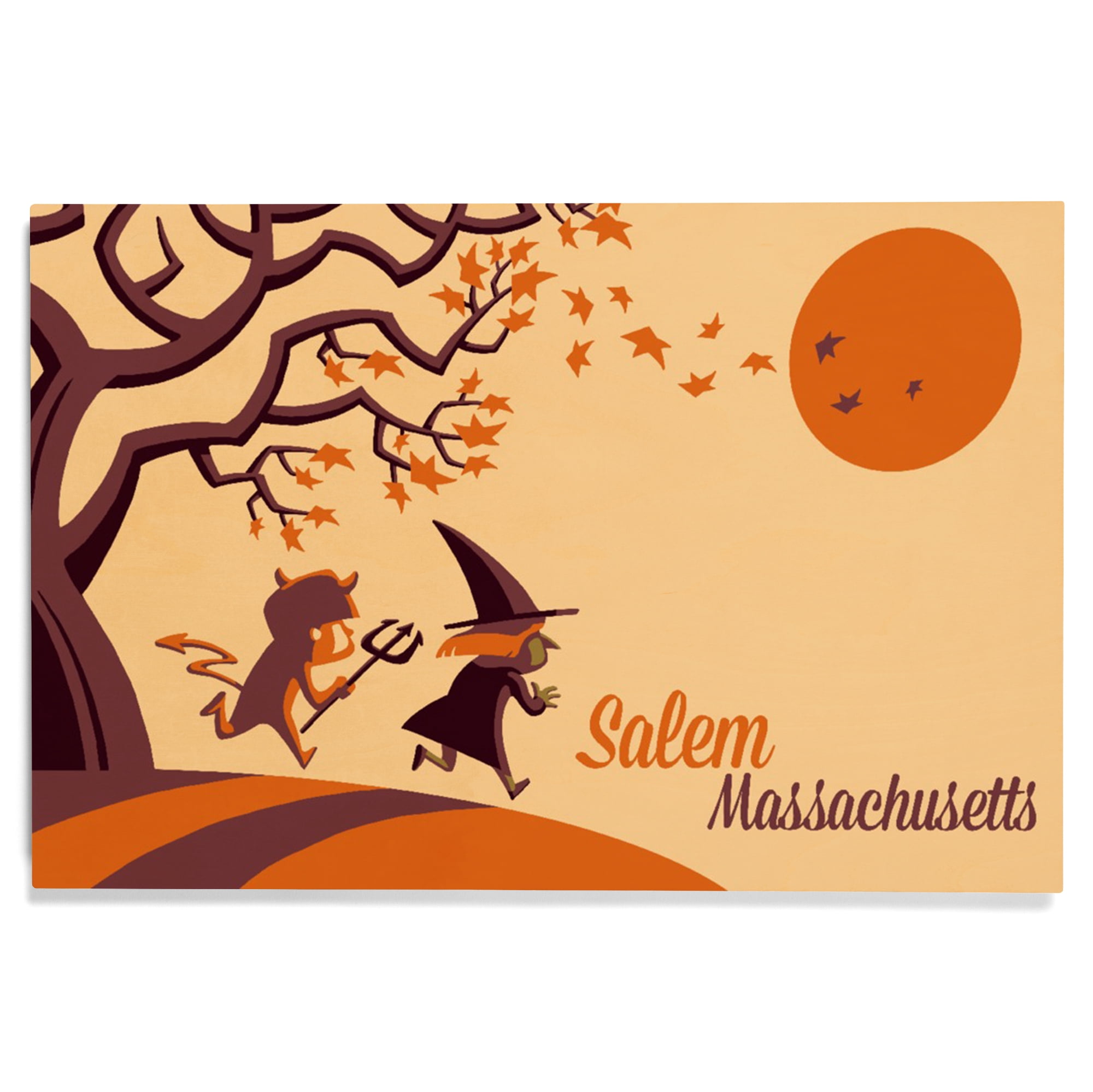 Salem, Massachusetts, Devil and Witch, Retro Birch Wood Wall Sign ...