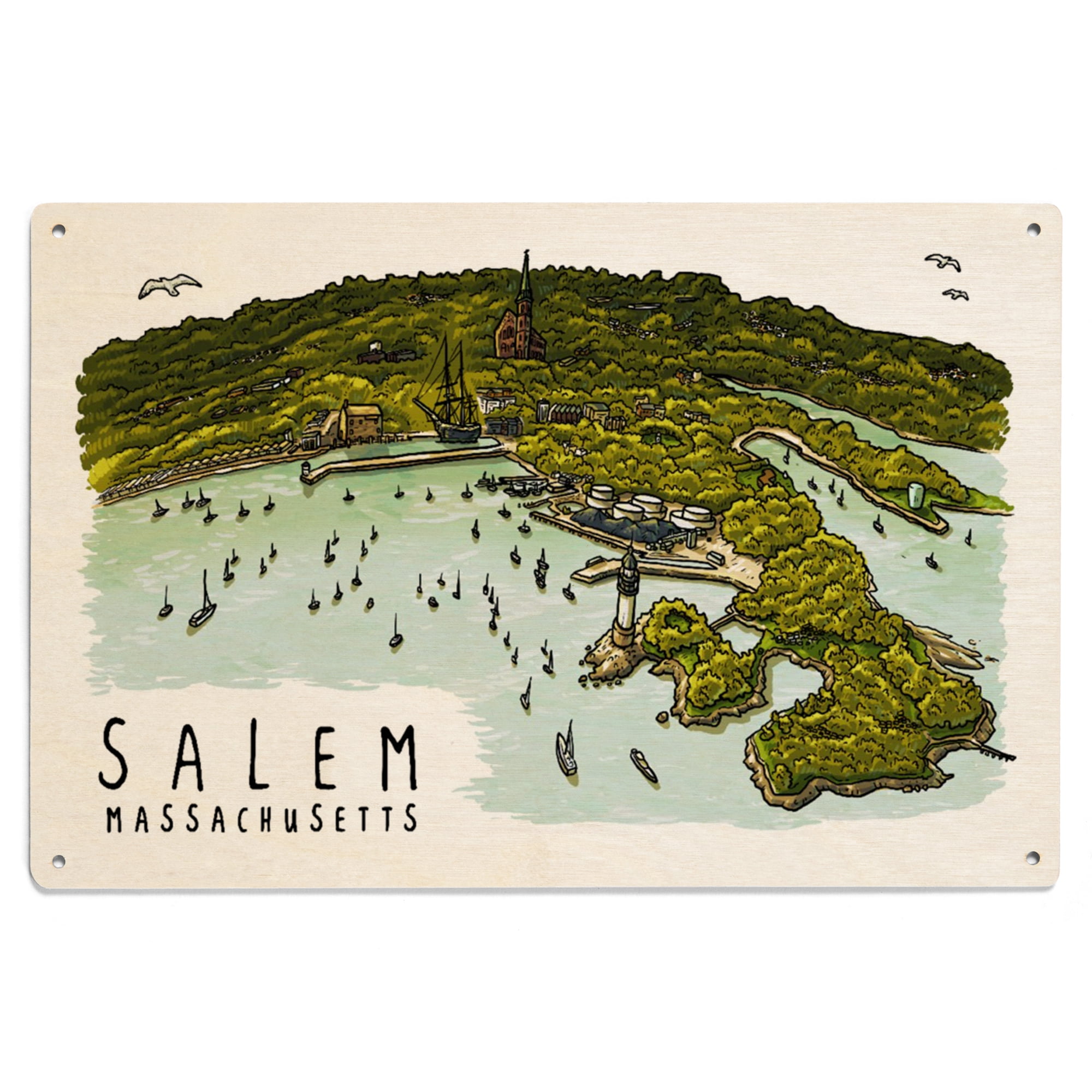 Salem Massachusetts, Line Drawing Birch Wood Wall Sign (6x9 Rustic Home ...