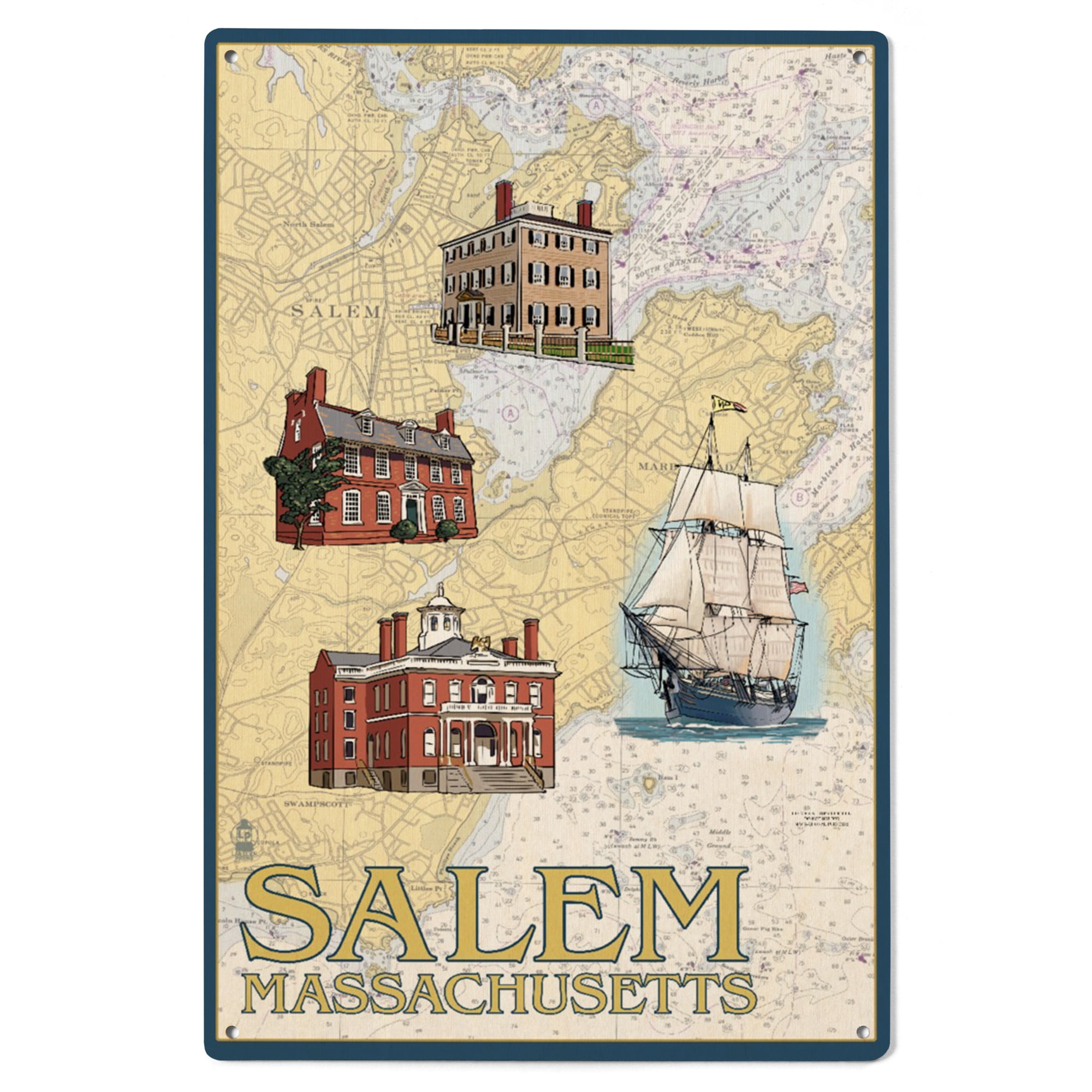 Salem, Massachusetts, Nautical Chart Birch Wood Wall Sign (6x9 Rustic ...