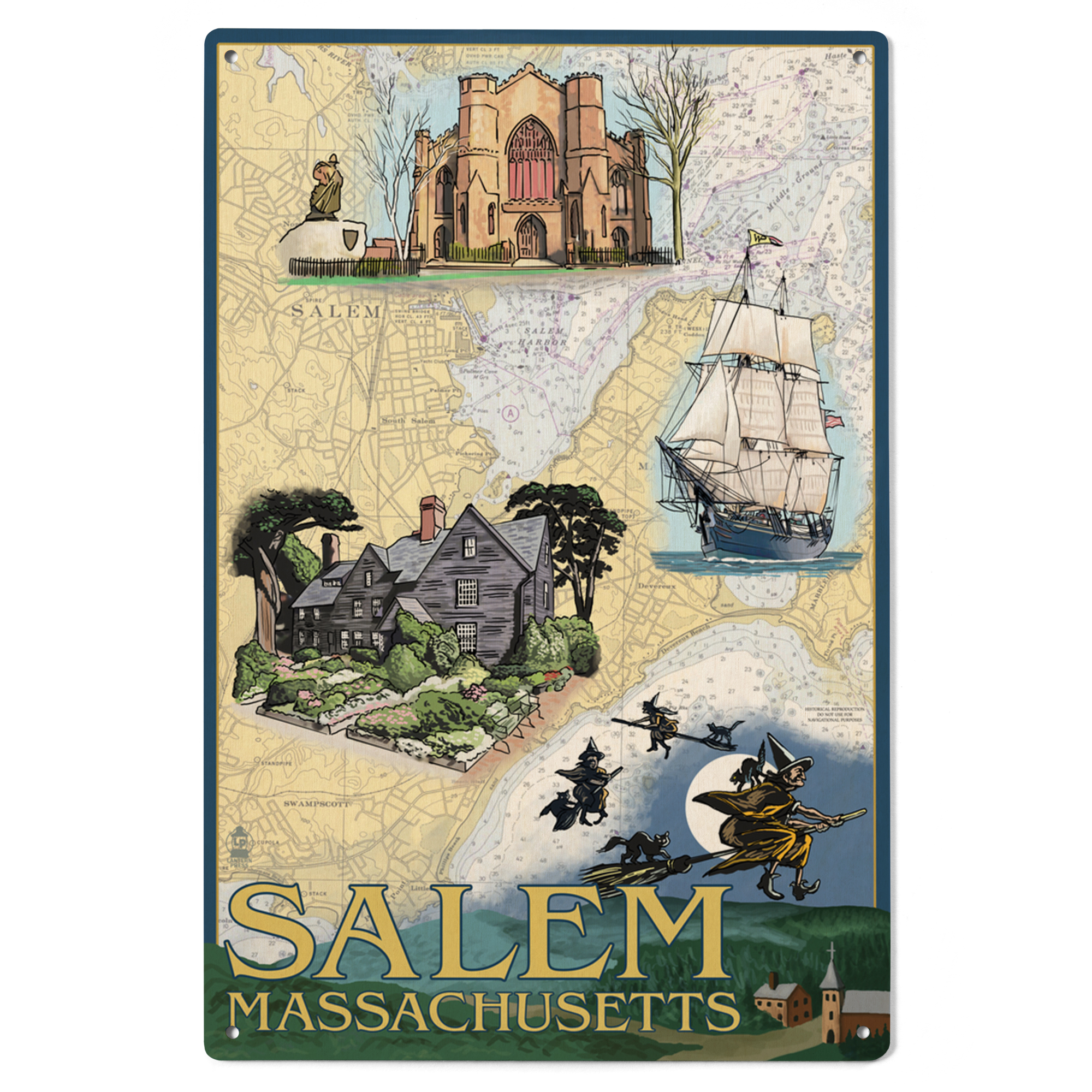 Salem, Massachusetts, Nautical Chart Birch Wood Wall Sign (6x9 Rustic ...