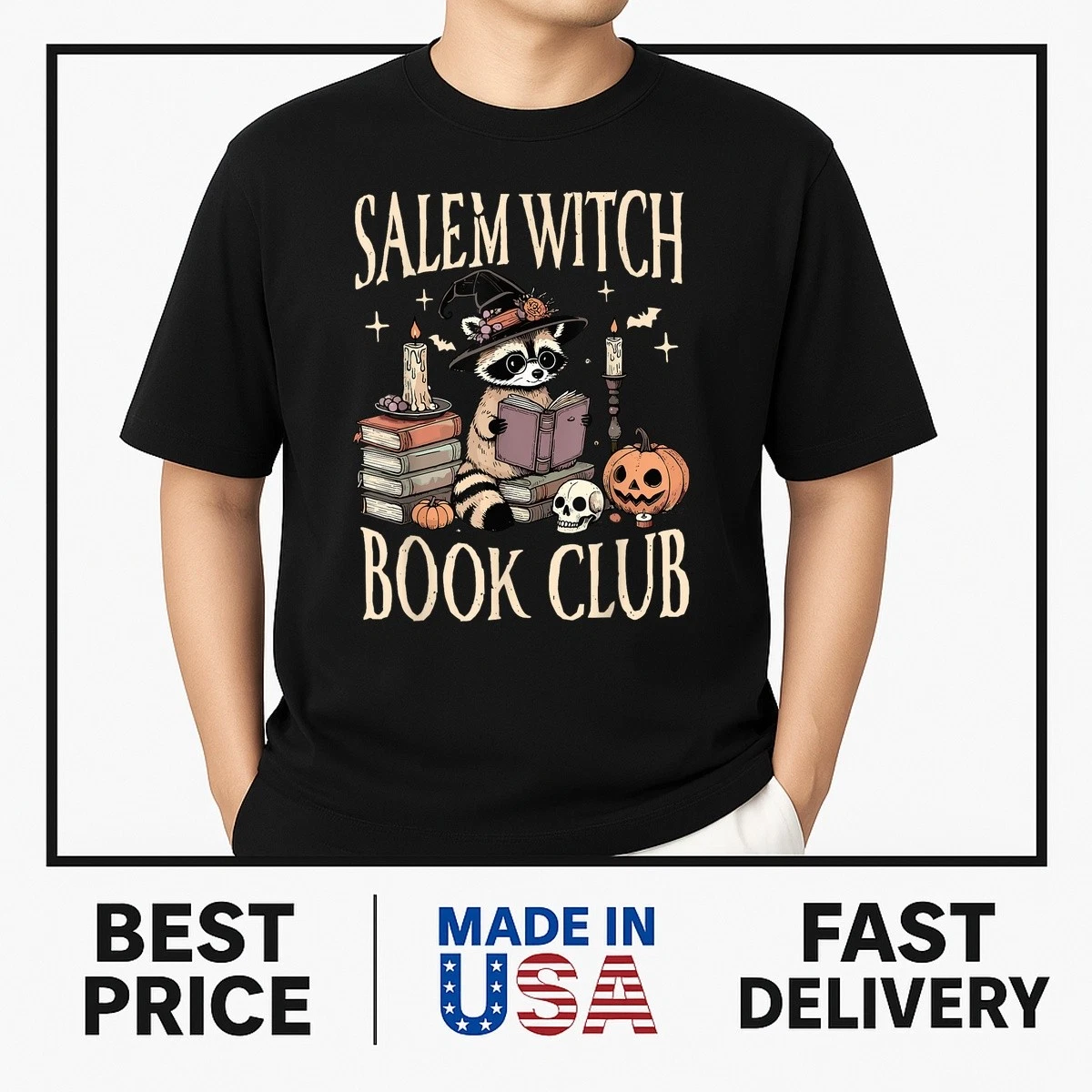 Salem WItch Book Club Halloween Raccoon Witch Reading Book T-Shirt MUST ...