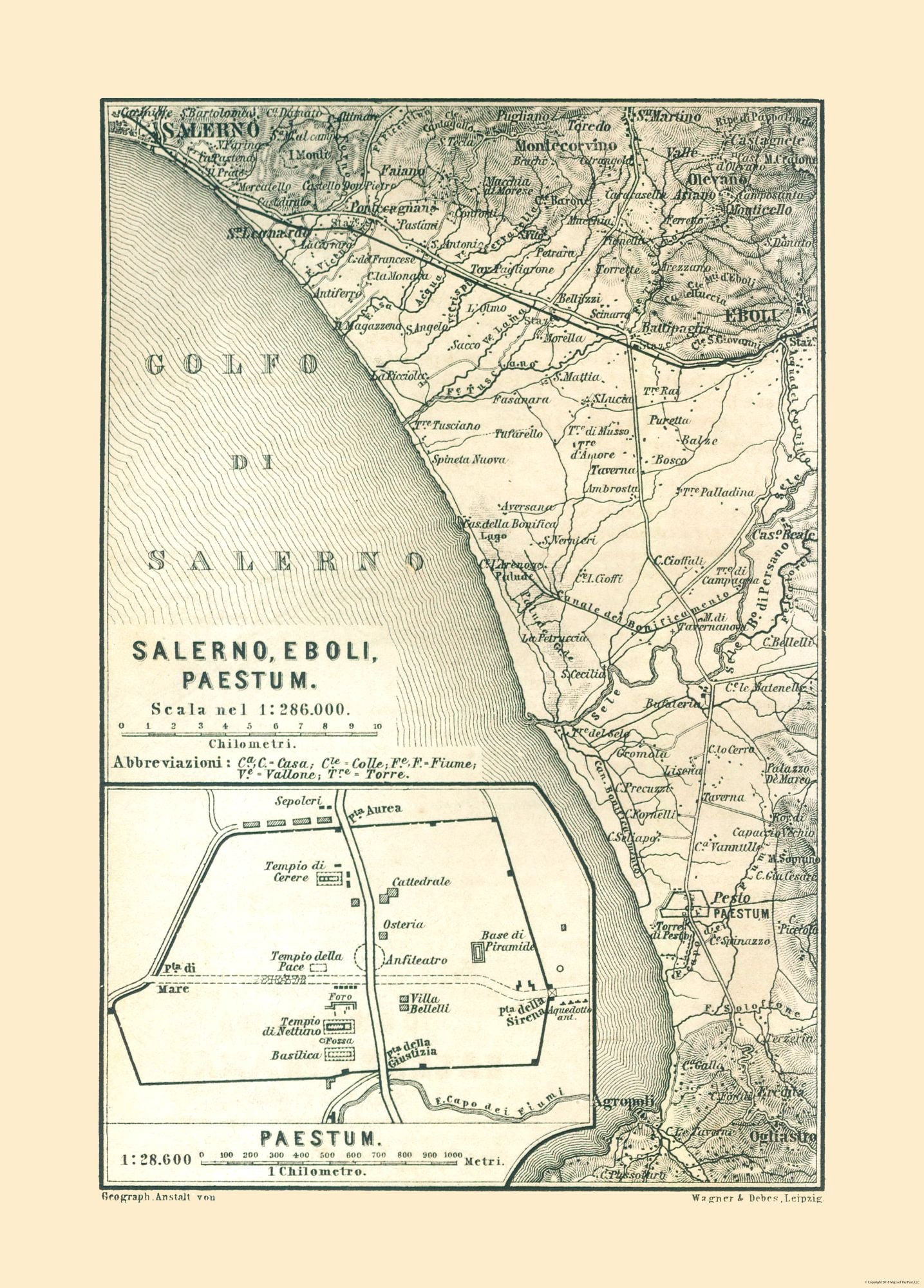 Historic Map - Salerno Eboli Paestrum Italy - Baedeker 1880 - 23 x 32. ...