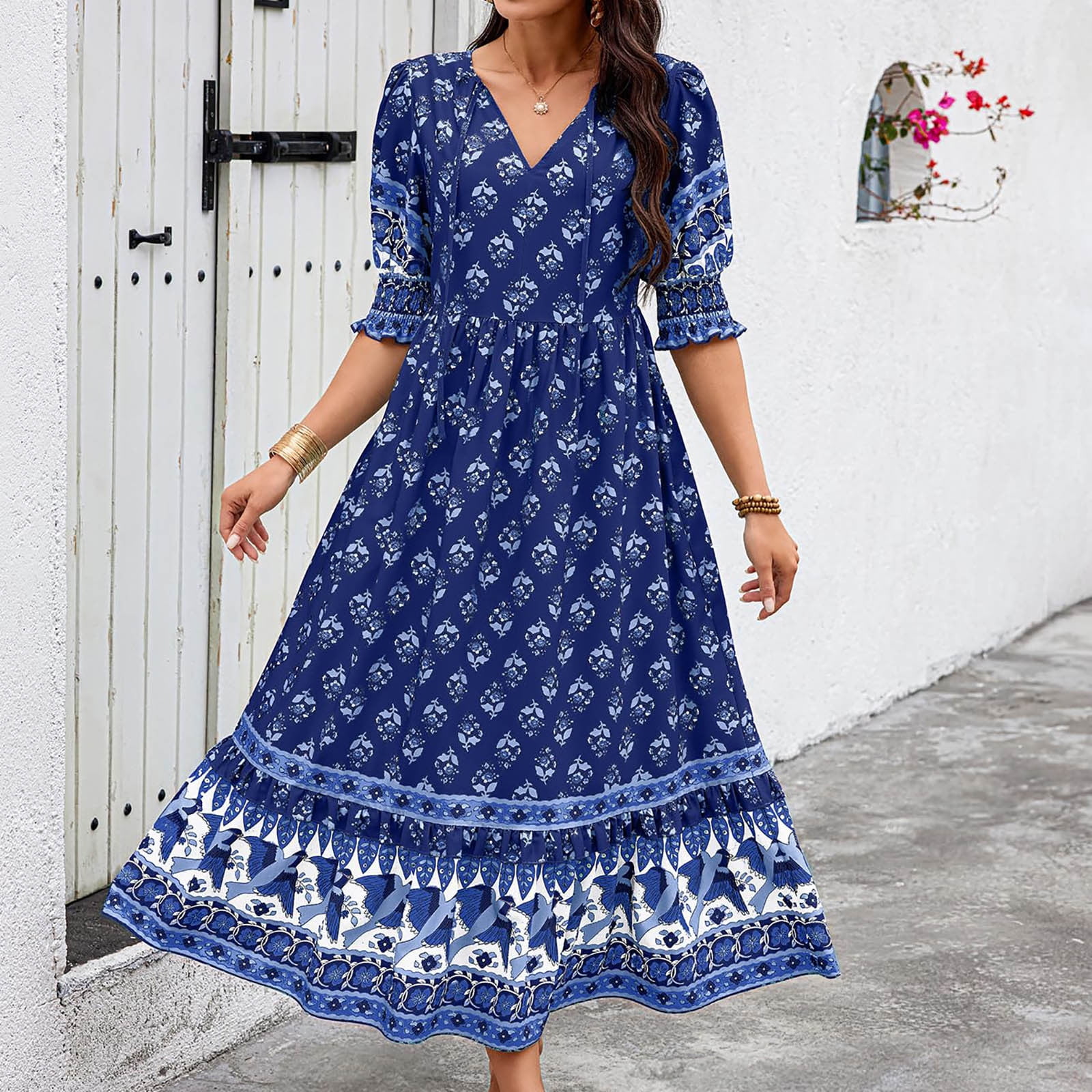 Cxenplz Women's Boho Summer Dress 2025 Puff 3/4 Sleeve Tassel V Neck ...