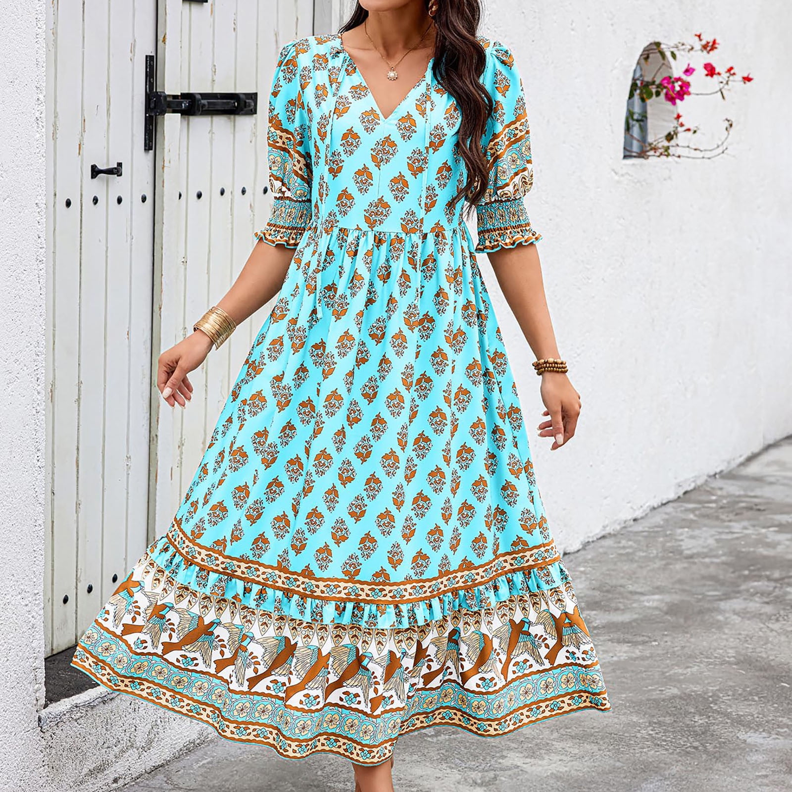 Cxenplz Women's Boho Summer Dress 2025 Puff 3/4 Sleeve Tassel V Neck ...