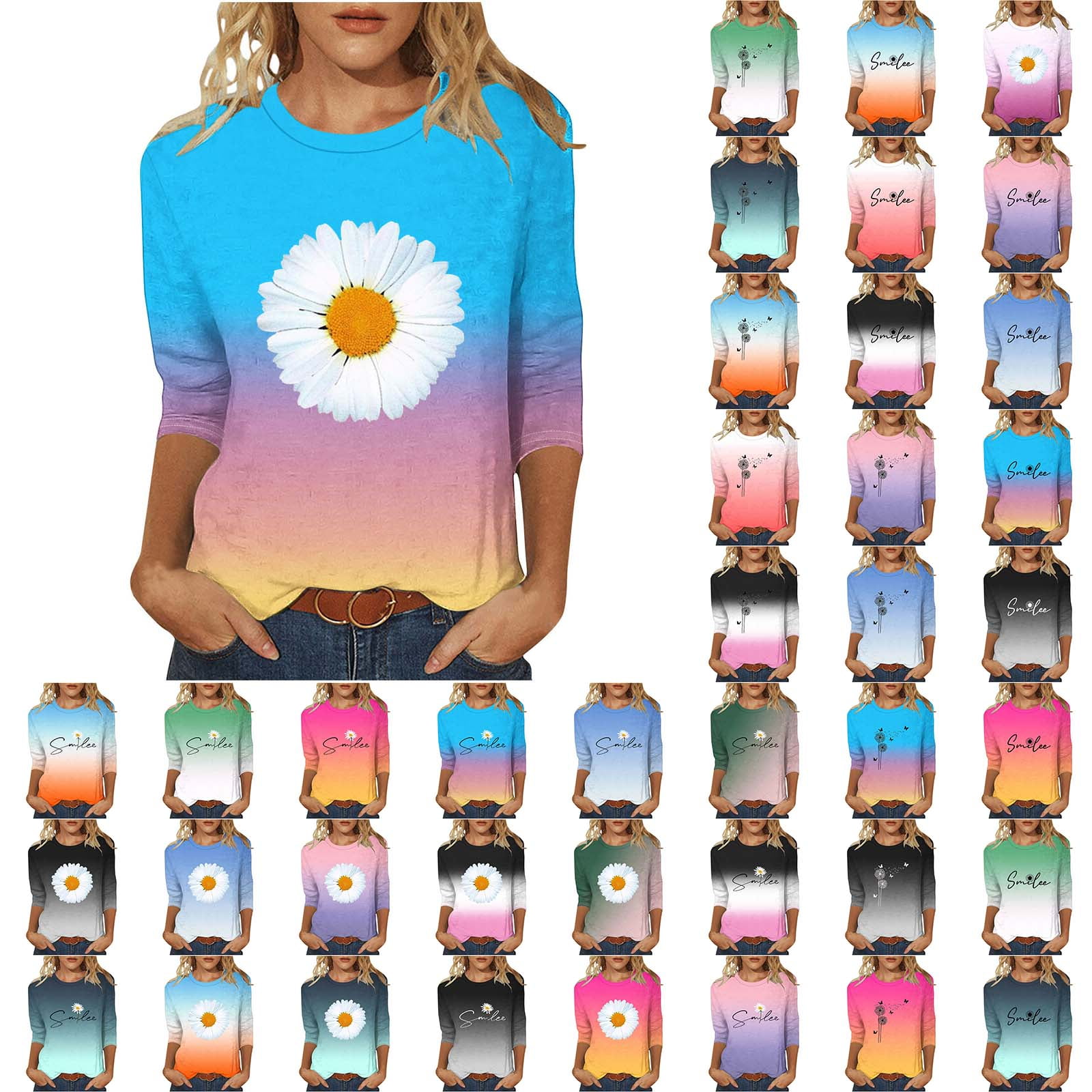 BiZtdJrK 3/4 Length Sleeve Womens Tops 2025 Fashion Gradient Print ...