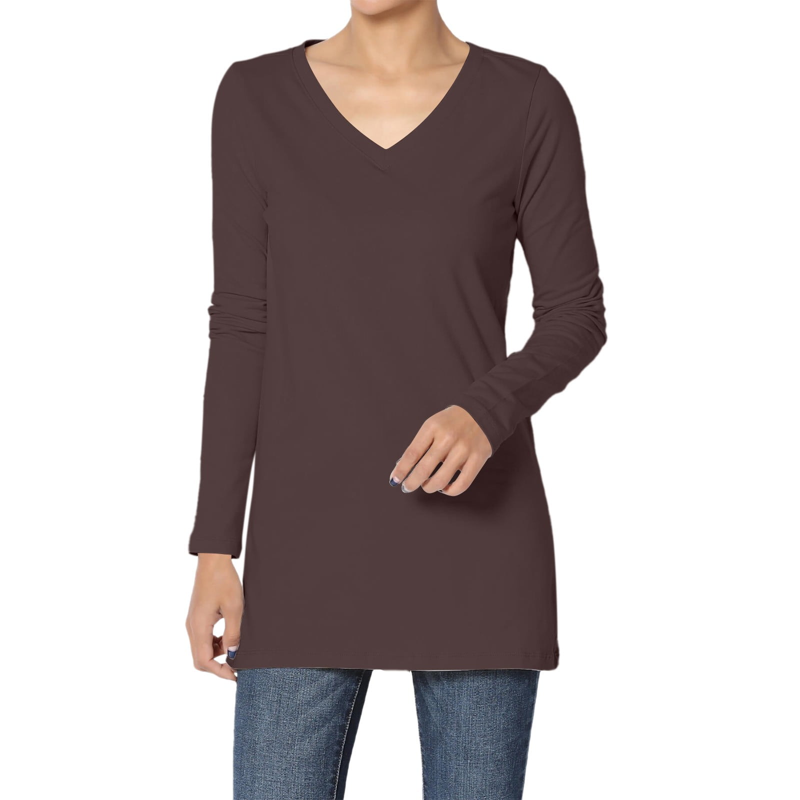 Sales Today Clearance Women's Long Sleeve Basic Shirts V Neck Top Basic Stretch Cotton Relaxed ...