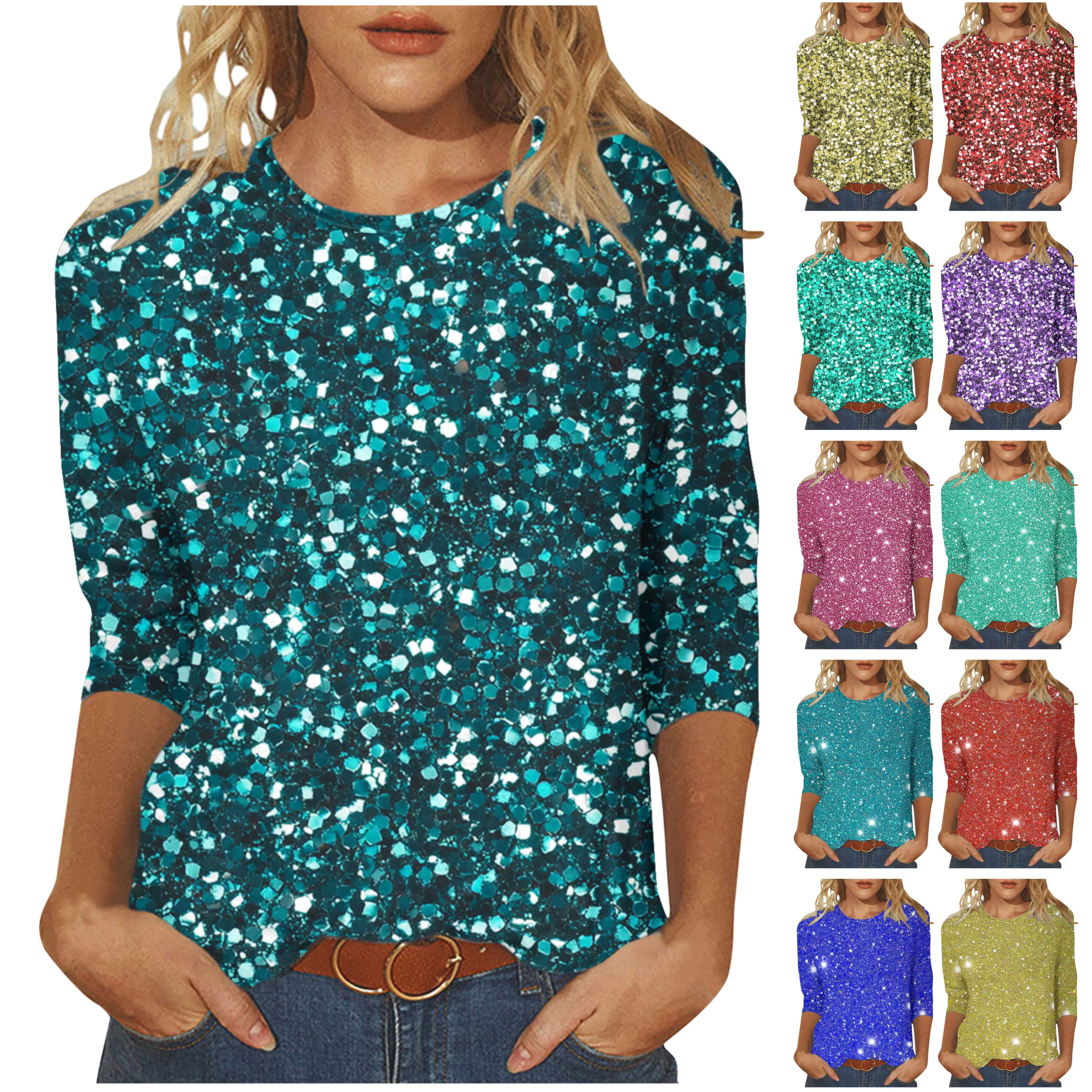 Sales Today QATAINLAV Sequin Tops for Women 3/4 Lenght Sleeve Glitter ...