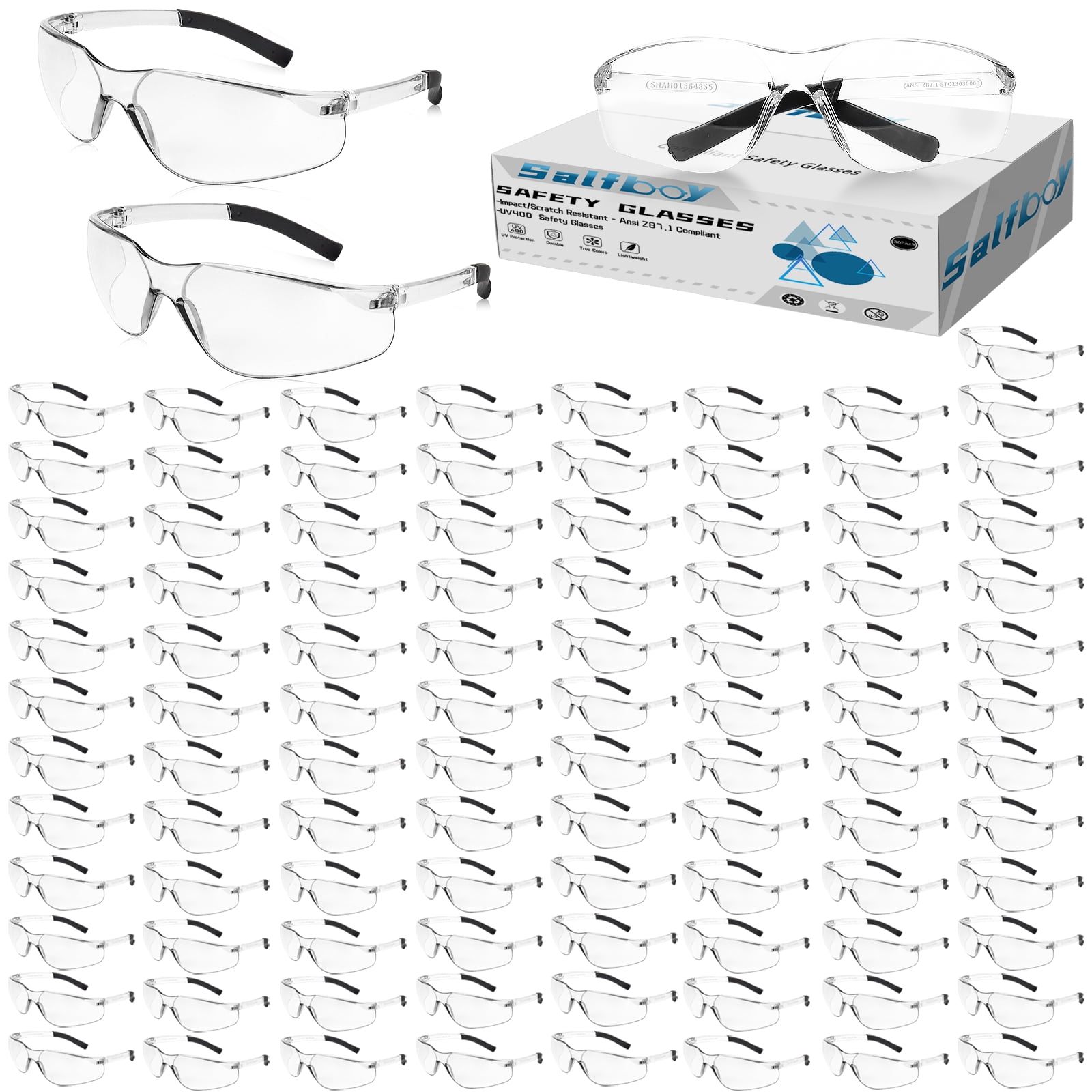 Salfboy 100 Packs Safety Glasses ANSI Z87.1 Safety Glasses Bulk with ...