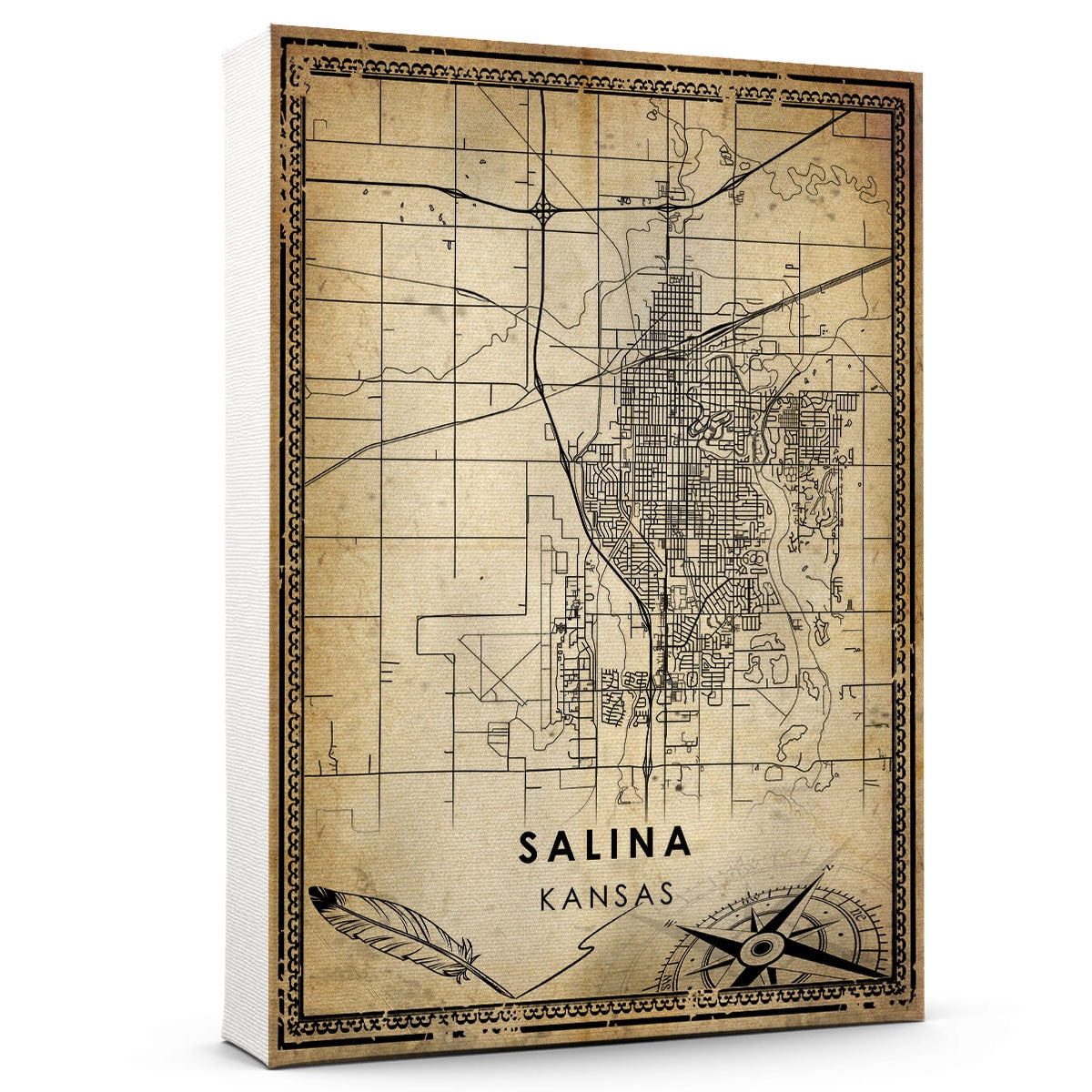 Salina Vintage Map Prints Canvas, Kansas Map Art Canvas, Canvas, Salina ...