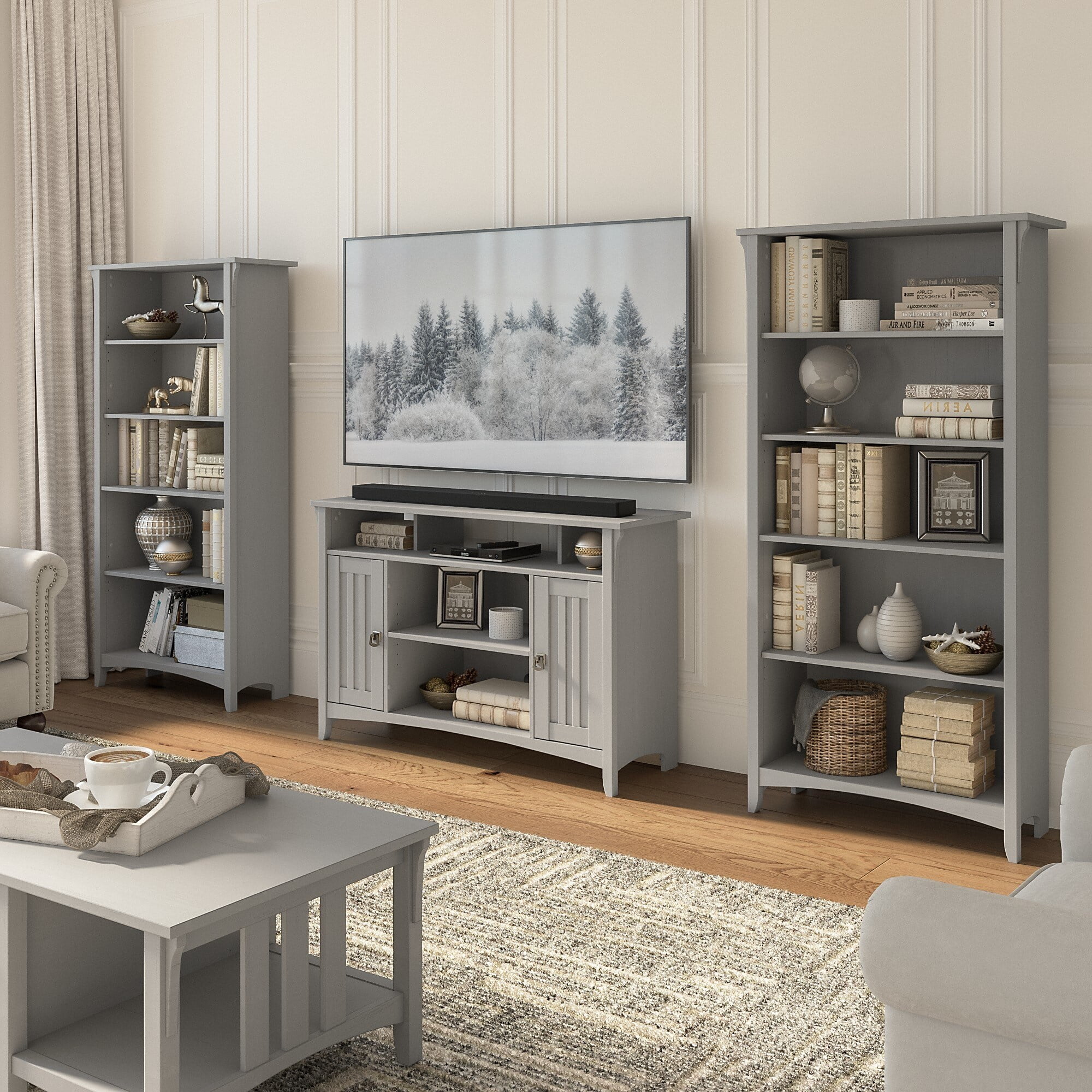 Salinas TV Stand for 55 Inch TV w/ Bookcases in Cape Cod Gray ...