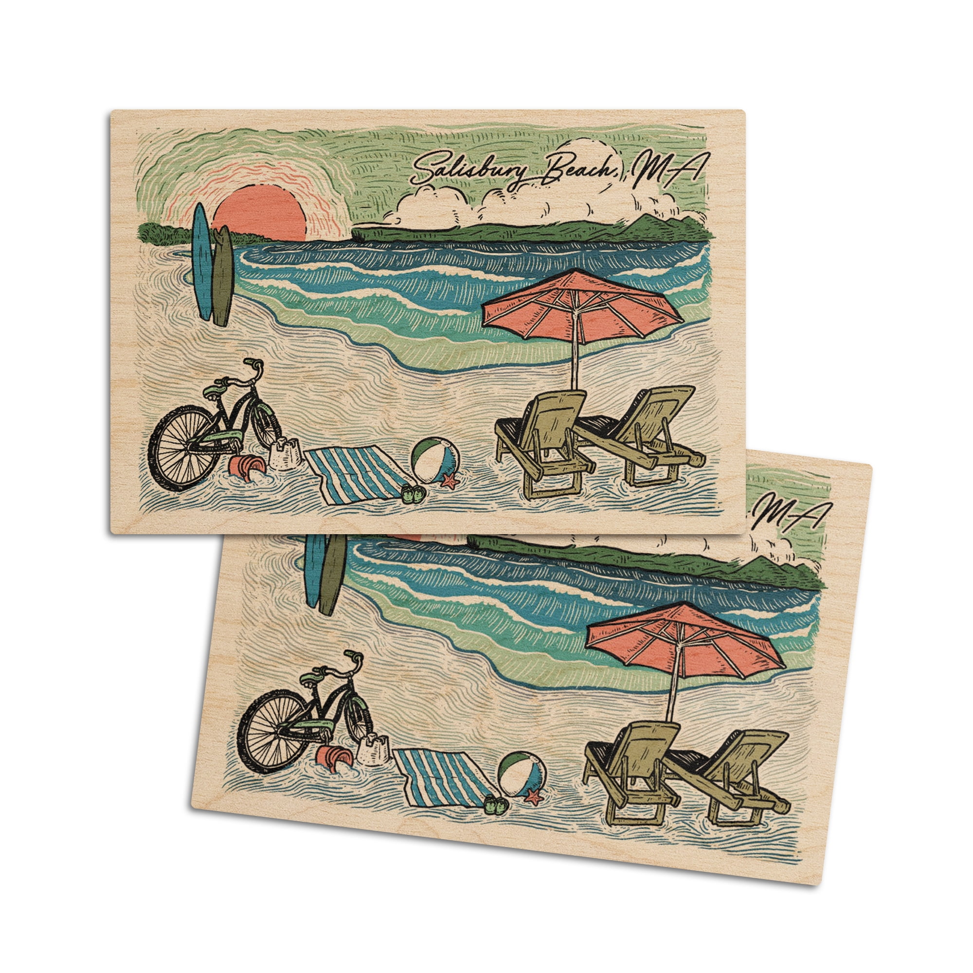 Salisbury Beach, Massachusetts, Beach Scene, Sketch (4x6 Birch Wood ...