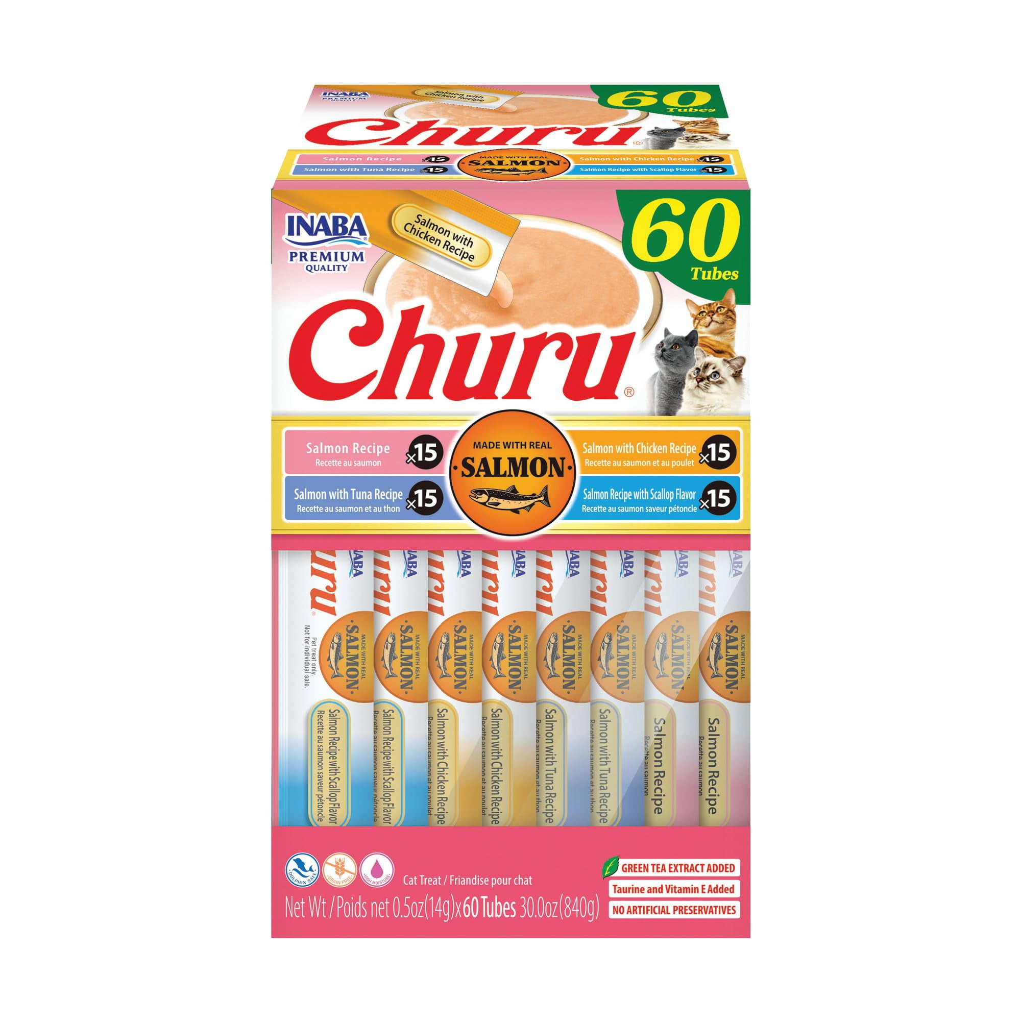 Salmon Churu Cat Treats, Lickable, Squeezable Creamy Purée Cat Treat ...