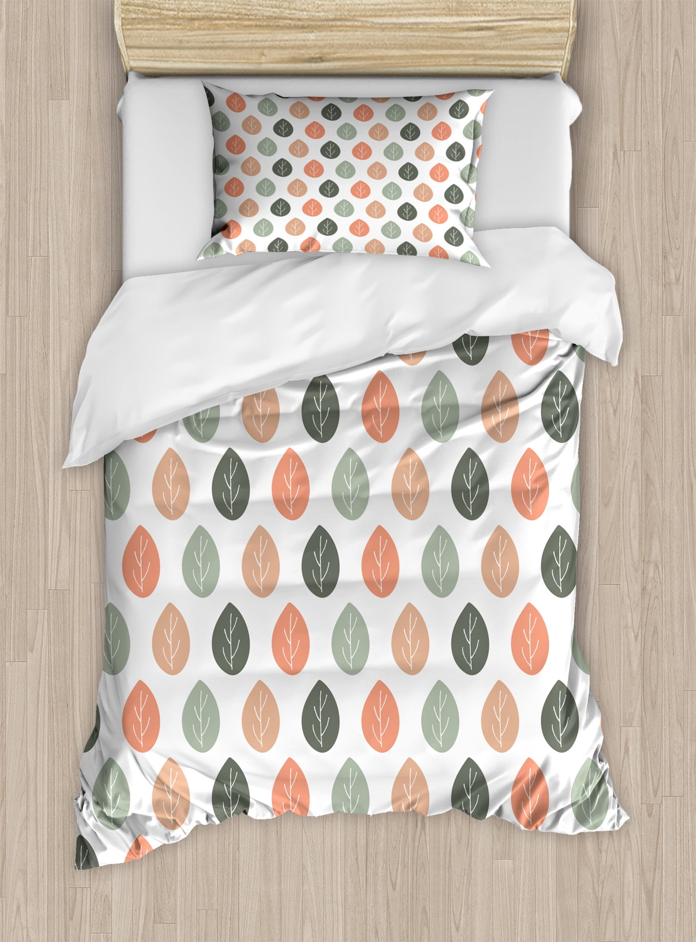Salmon Duvet Cover Set, Simple Leaves Drawing in Autumnal Tones Pattern ...