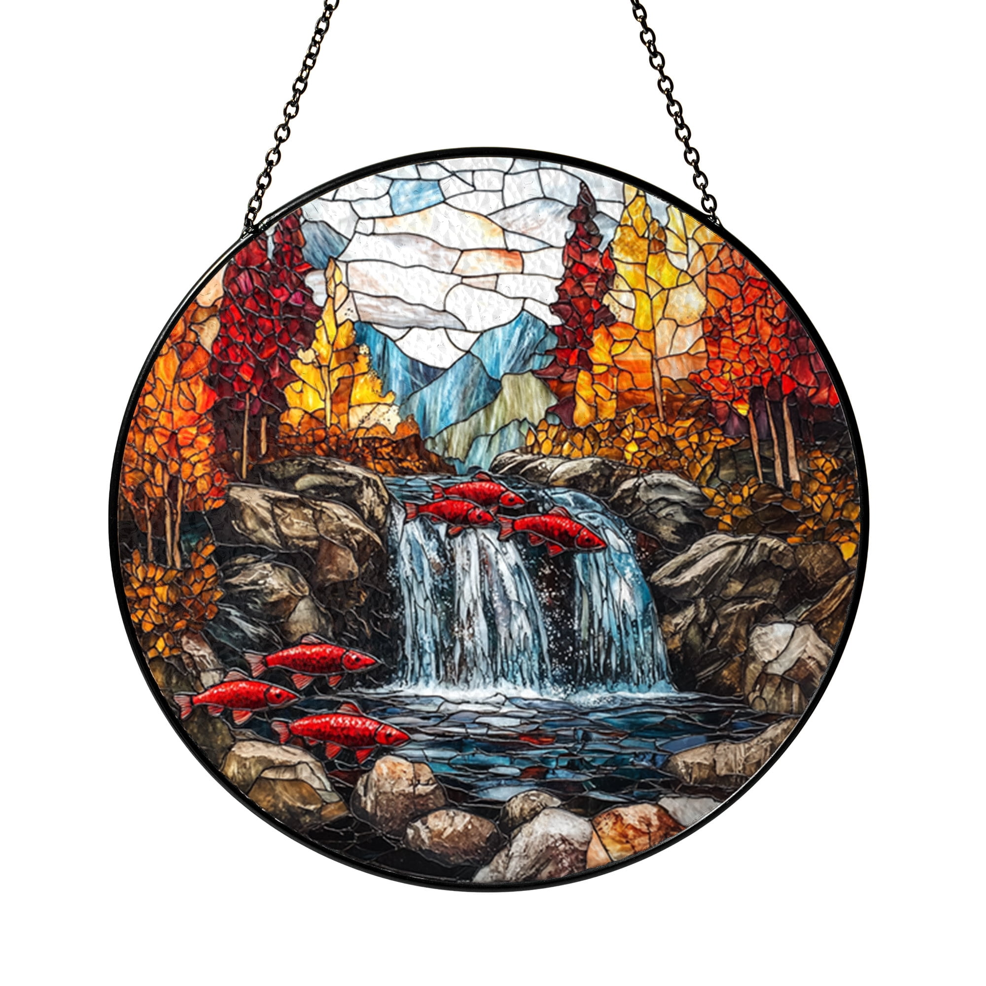 Salmon Run Stained Glass Suncatcher – Fisherman Window Hanging, Alaska ...