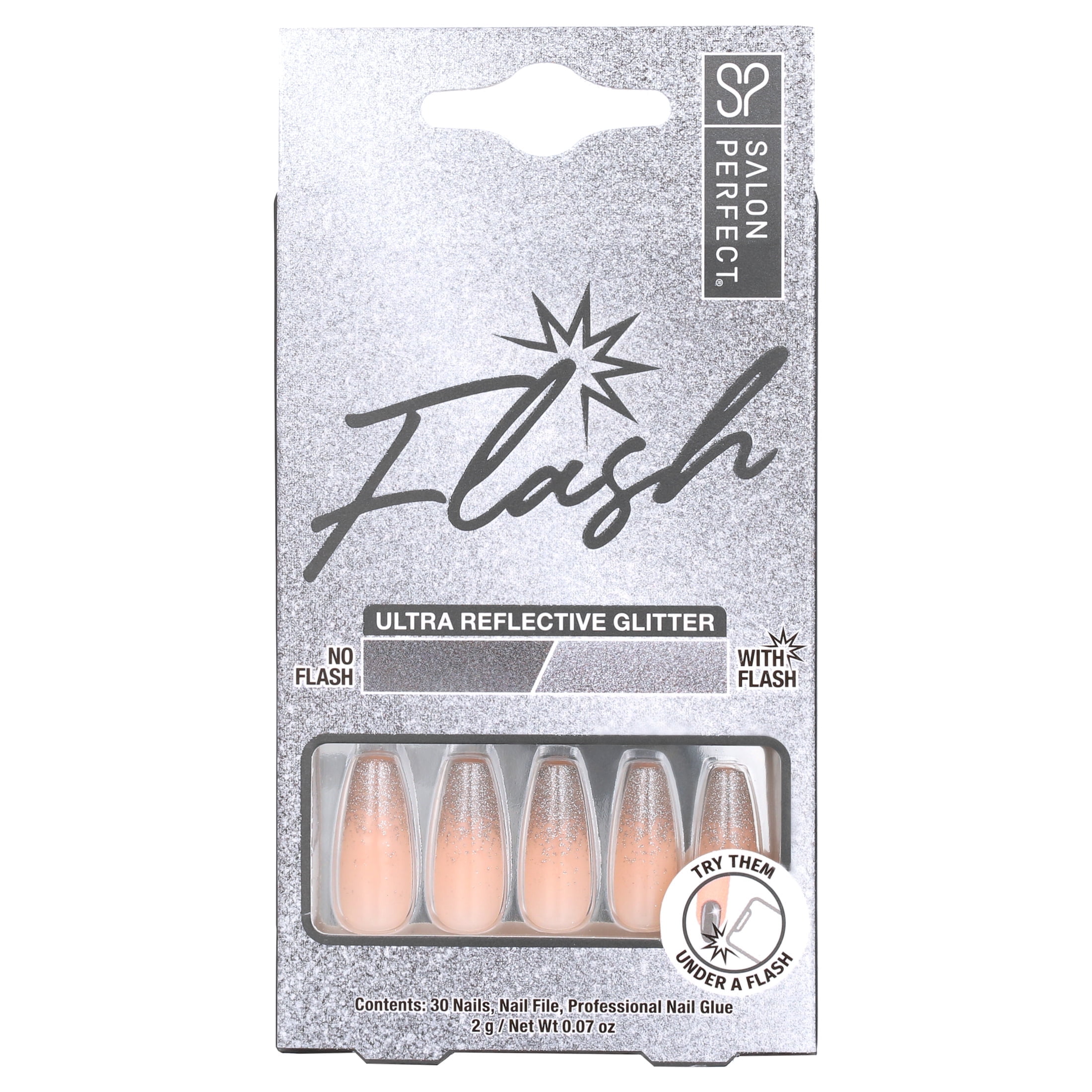 Salon Perfect Artificial Press On Nails, 132 Flash Silver Ombre, Long ...