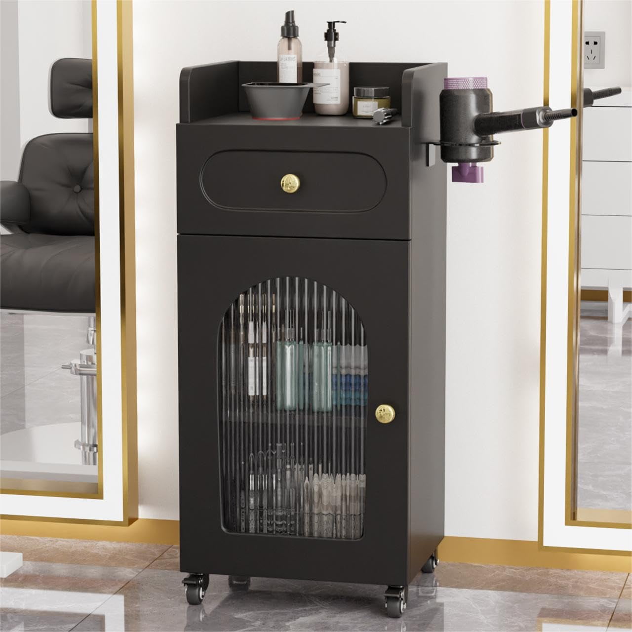 Salon Rolling Cart with Glass Door and Adjustable Shelf, 3-Tier Mobile ...