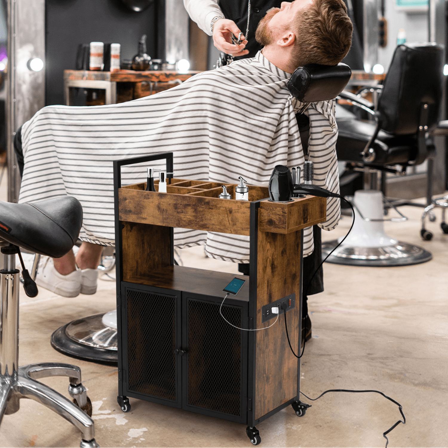 Salon Rolling Trolley Cart, 3-Tier Beauty Stylist Cart with Cabinet ...