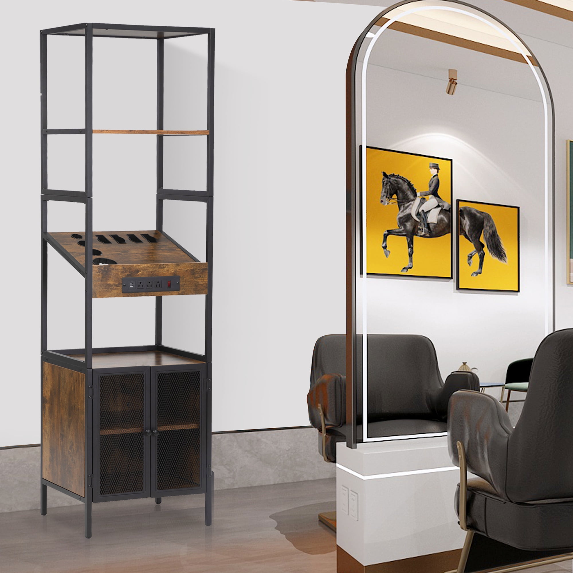 Salon Storage Cabinet with Open Shelves and Hair Dryer Holders ...