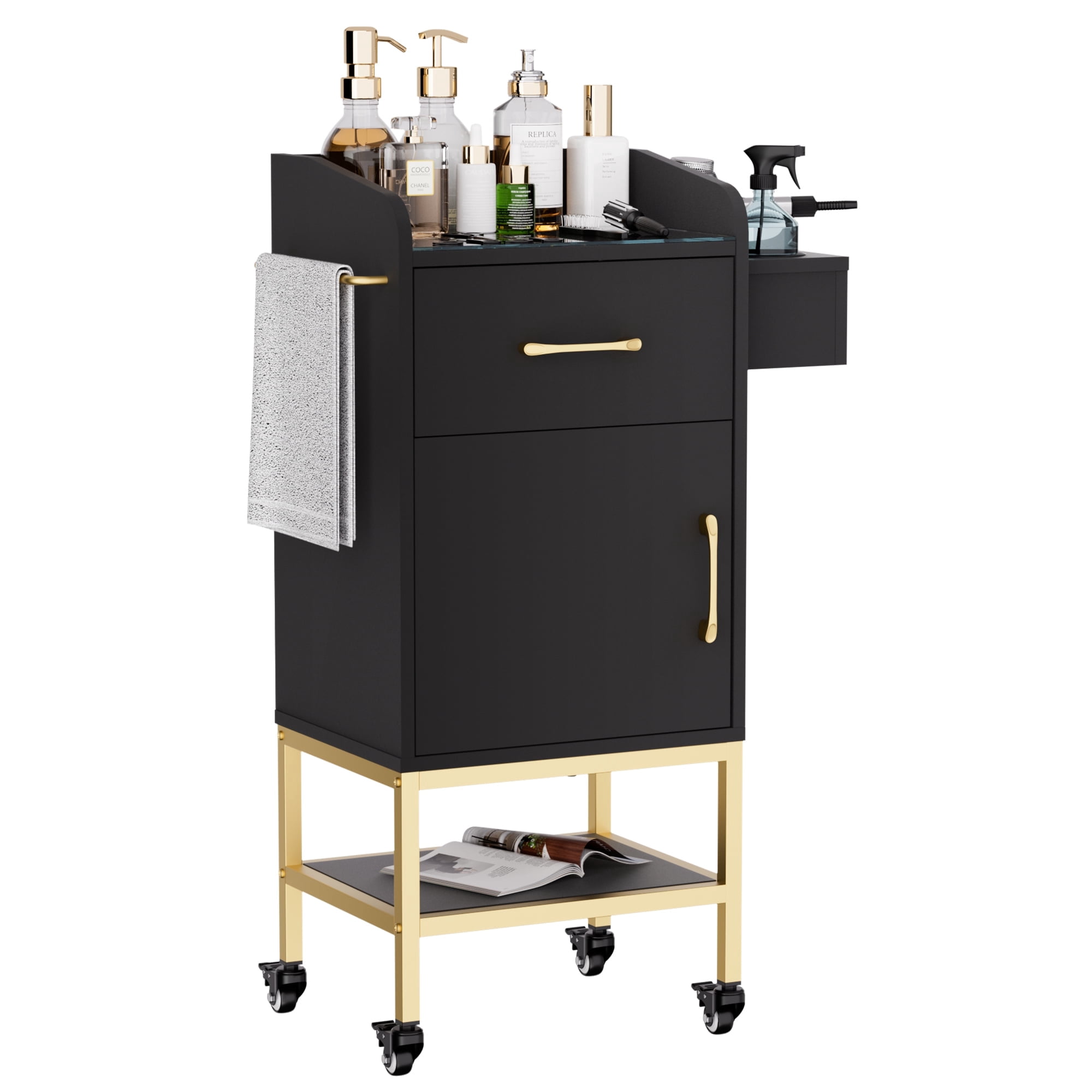 Salon Trolley Cart, Glass Top Beauty Storage Cabinet Black Rolling Hair ...