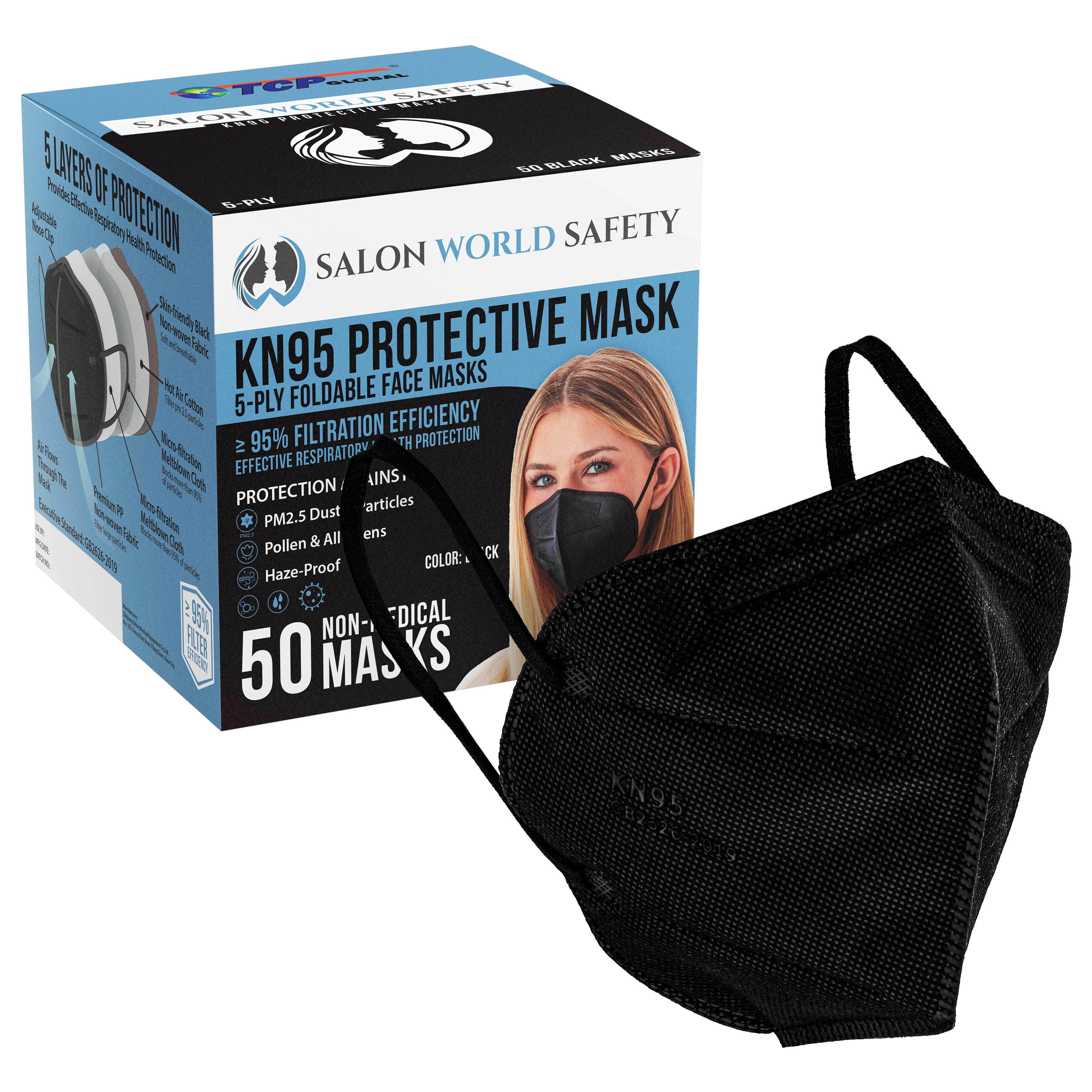 Salon World Safety Black KN95 Protective Masks, Pack of 10 - Filter ...
