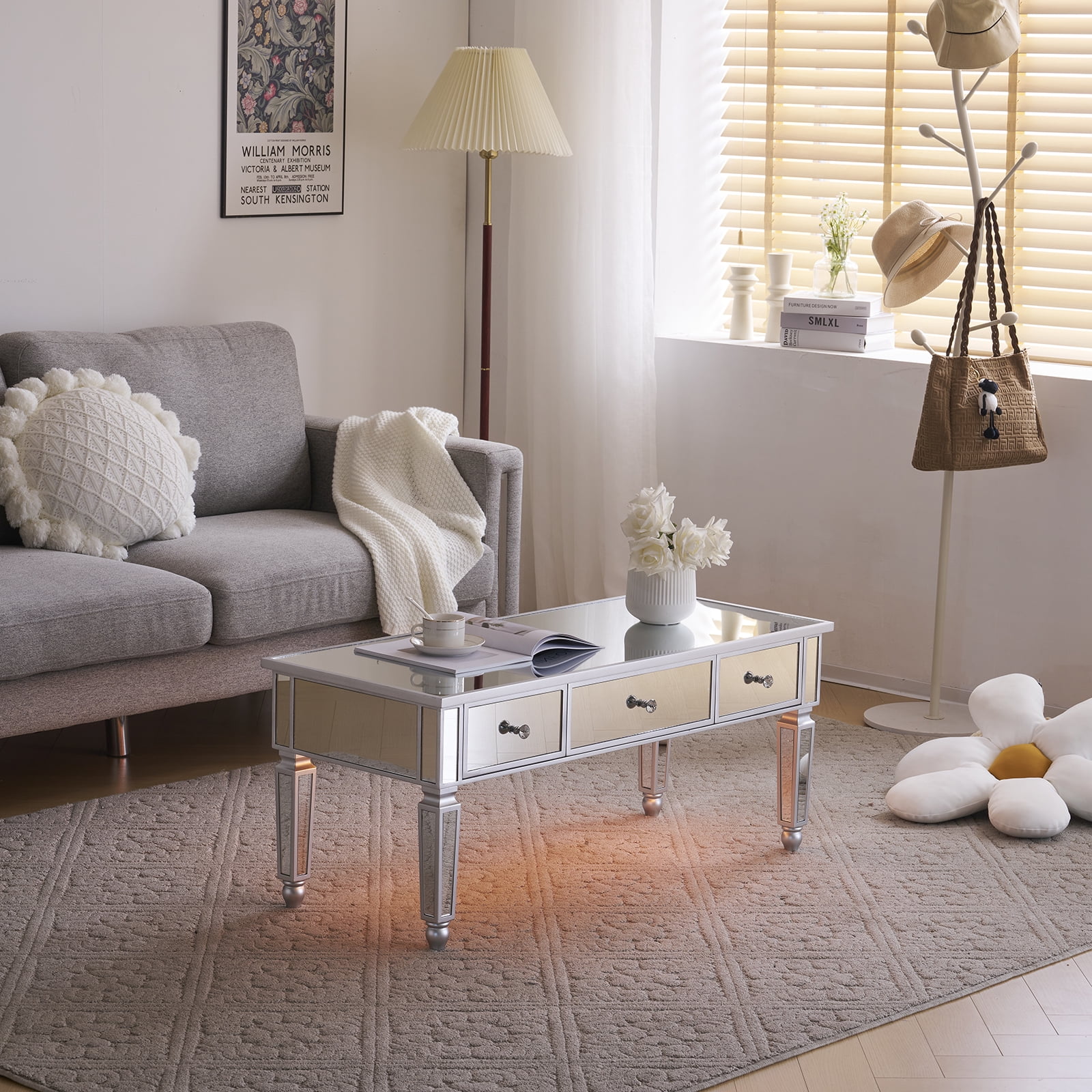 SalonMore Mirrored Coffee Table with 3 Drawers, Rectangle Mirror LED ...