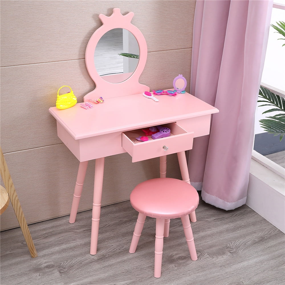 SalonMore Pink Princess Kids Vanity Table with Stool, Vanity Set with ...