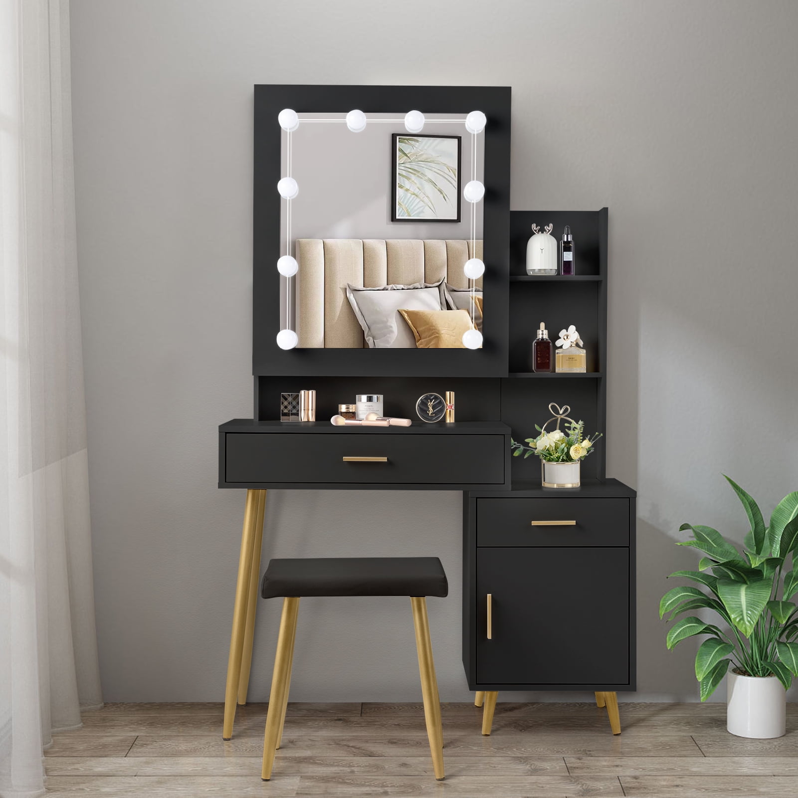 SalonMore Venity Set with Sliding Mirror and Adjustable Lights Dressing ...