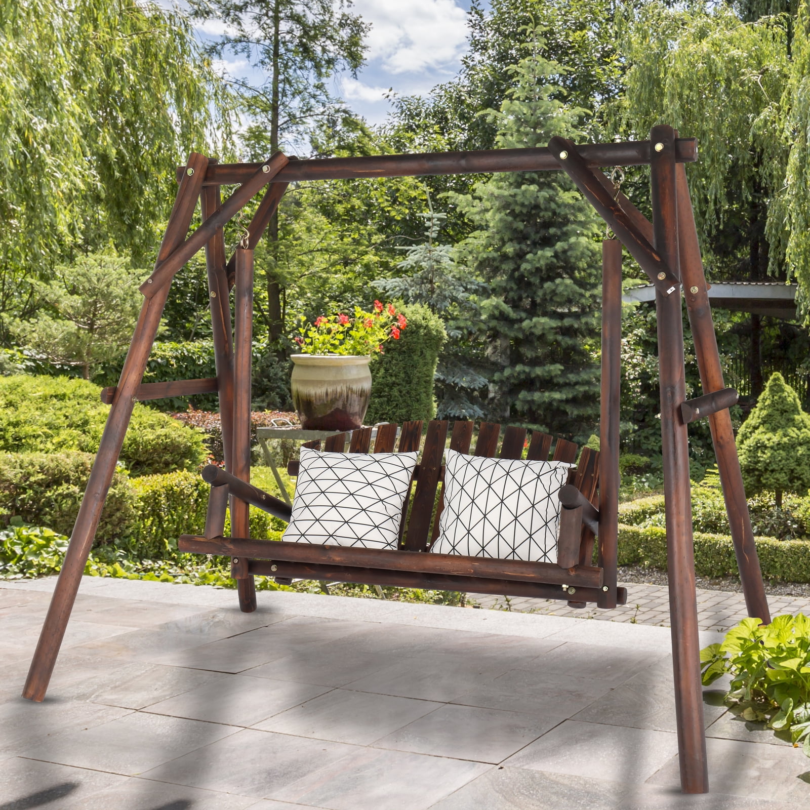 SalonMore Rustic Log Garden Swing: Wooden Patio Porch Loveseat with A ...