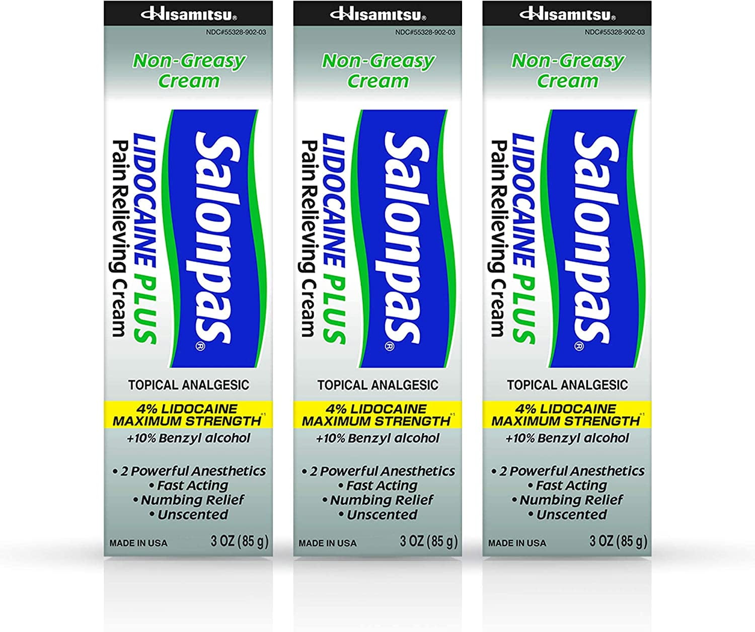 Salonpas Lidocaine Plus Pain Relief Cream, 3 oz Pack of 3 - Unscented ...