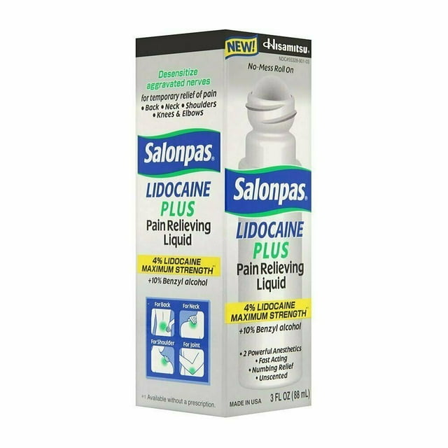 Salonpas Lidocaine Plus Pain Relief Roll-On Liquid, No-Mess, 3oz, 3 ...