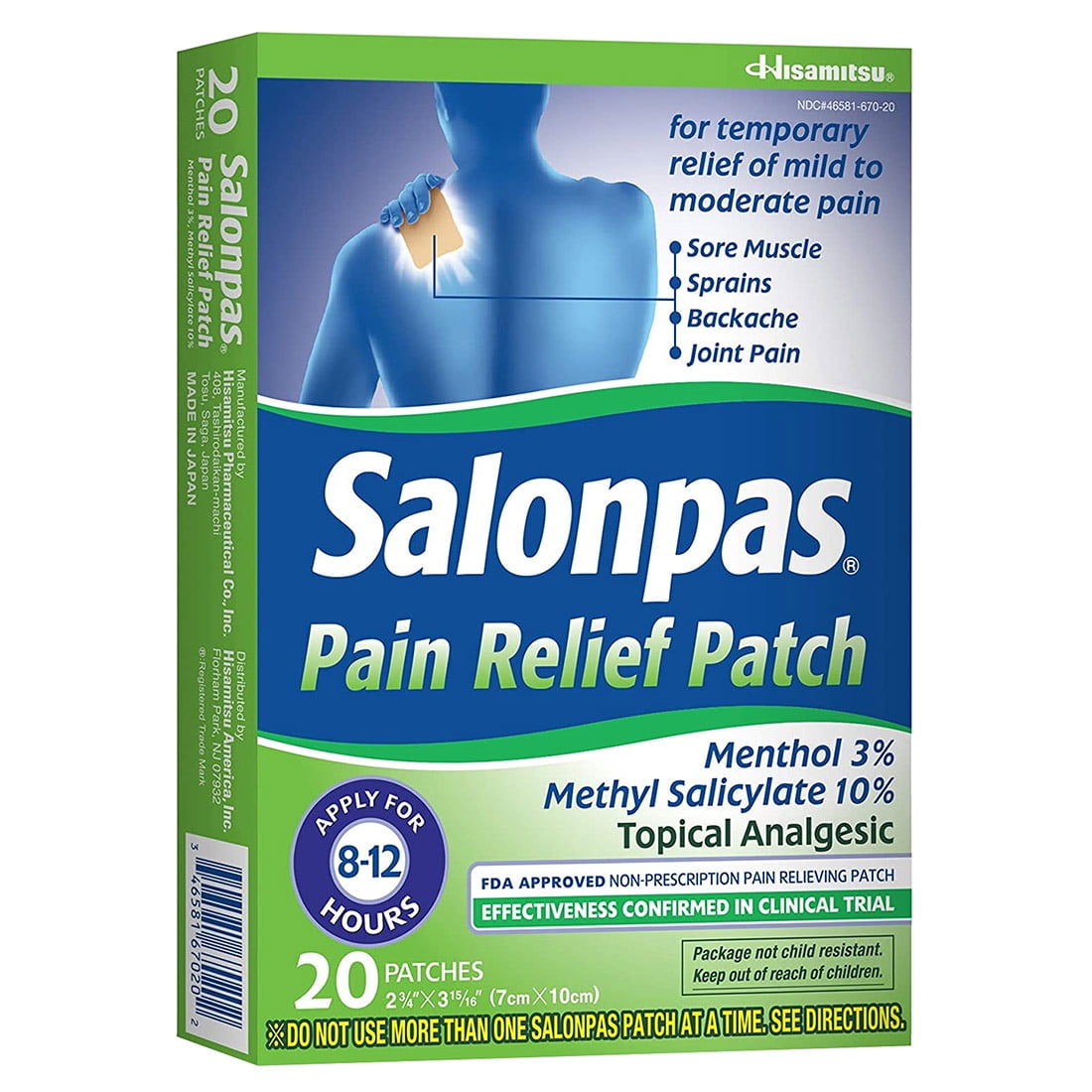 Salonpas Pain Relieving Patch, 20ct for Back, Neck, Shoulder, Knee Pain ...