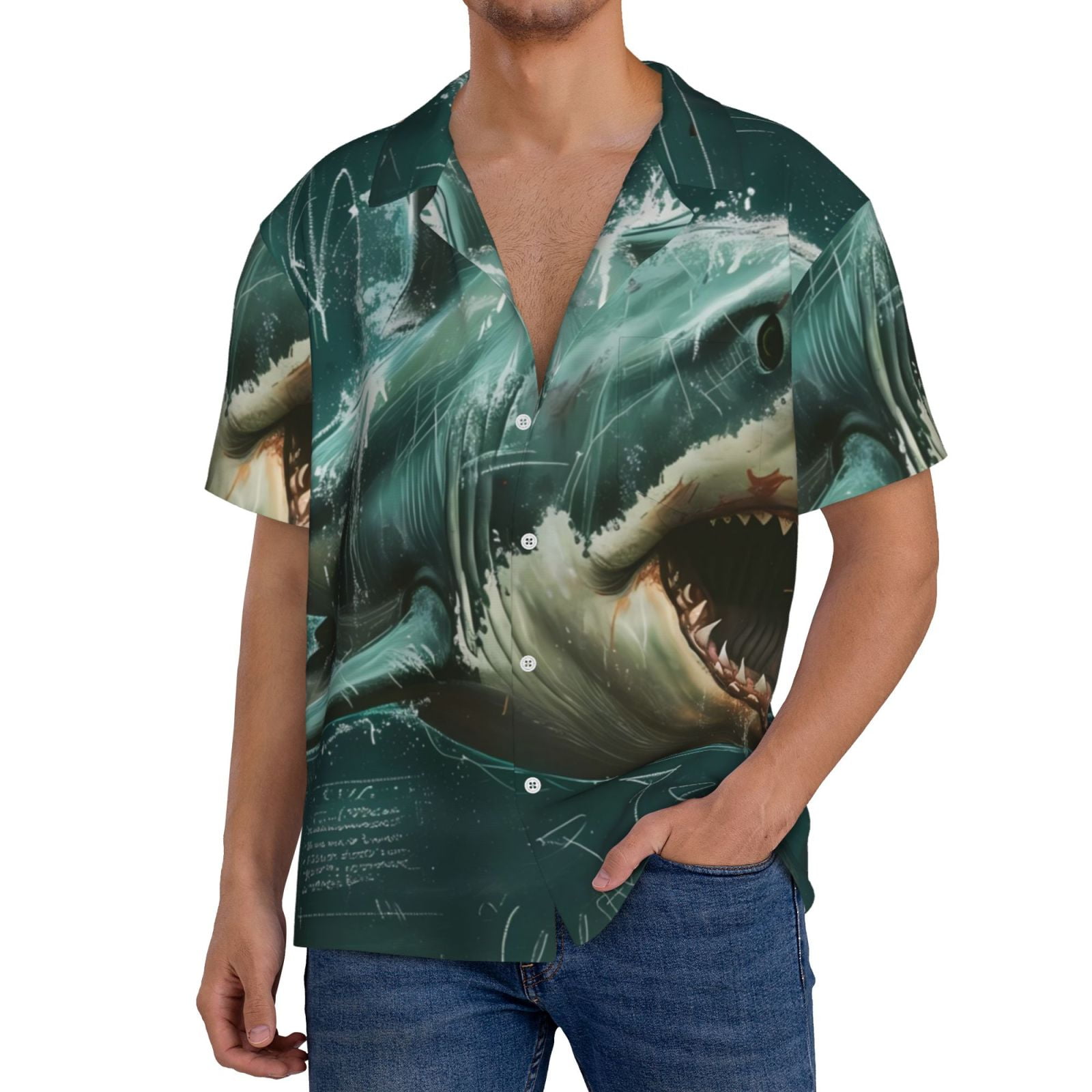 Salouo Abstract Geometric Shark Pattern Cuban Collar Shirts for Men ...