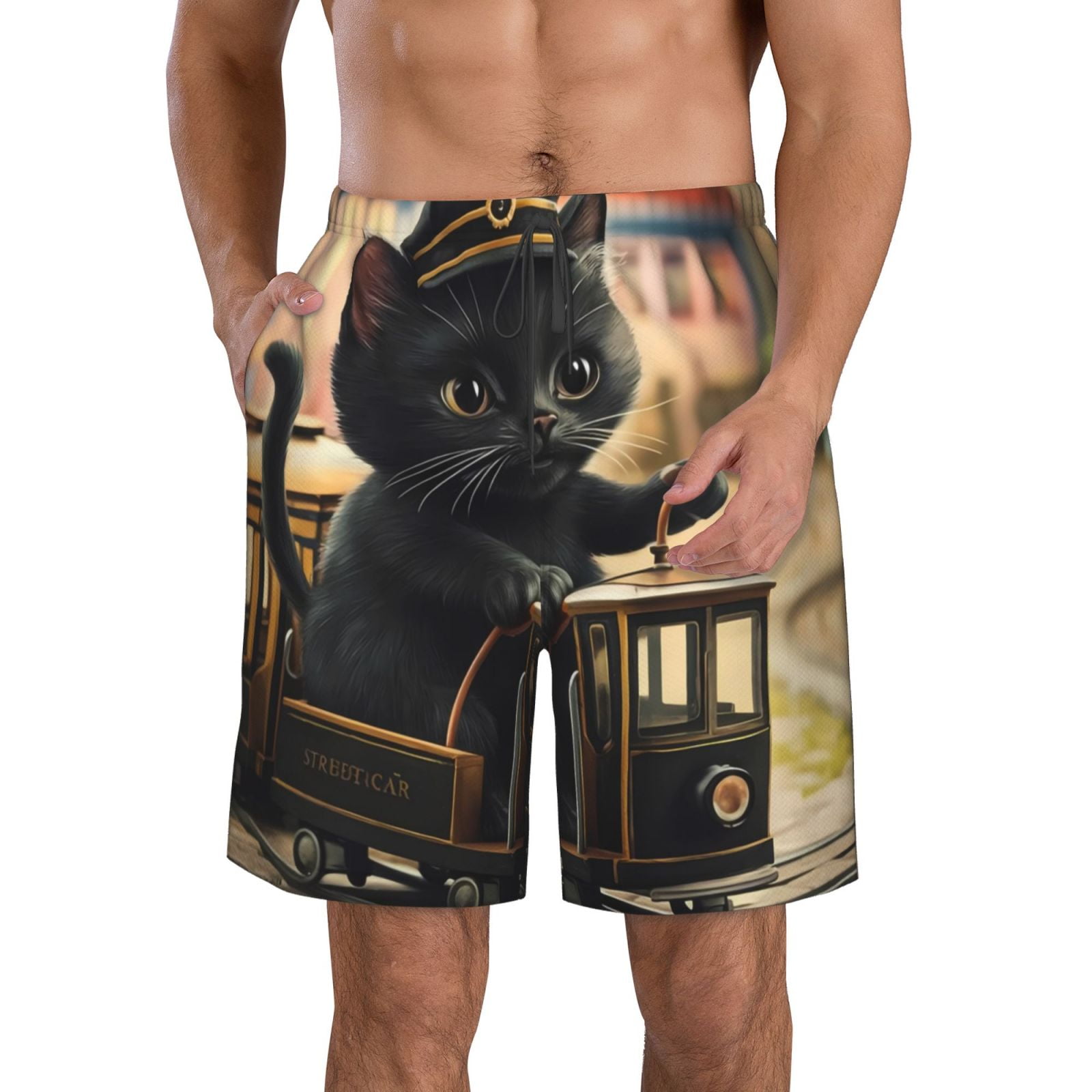 Salouo Adorable Kitten On Mini Train Pattern Swim Trunks for Men,Men's ...